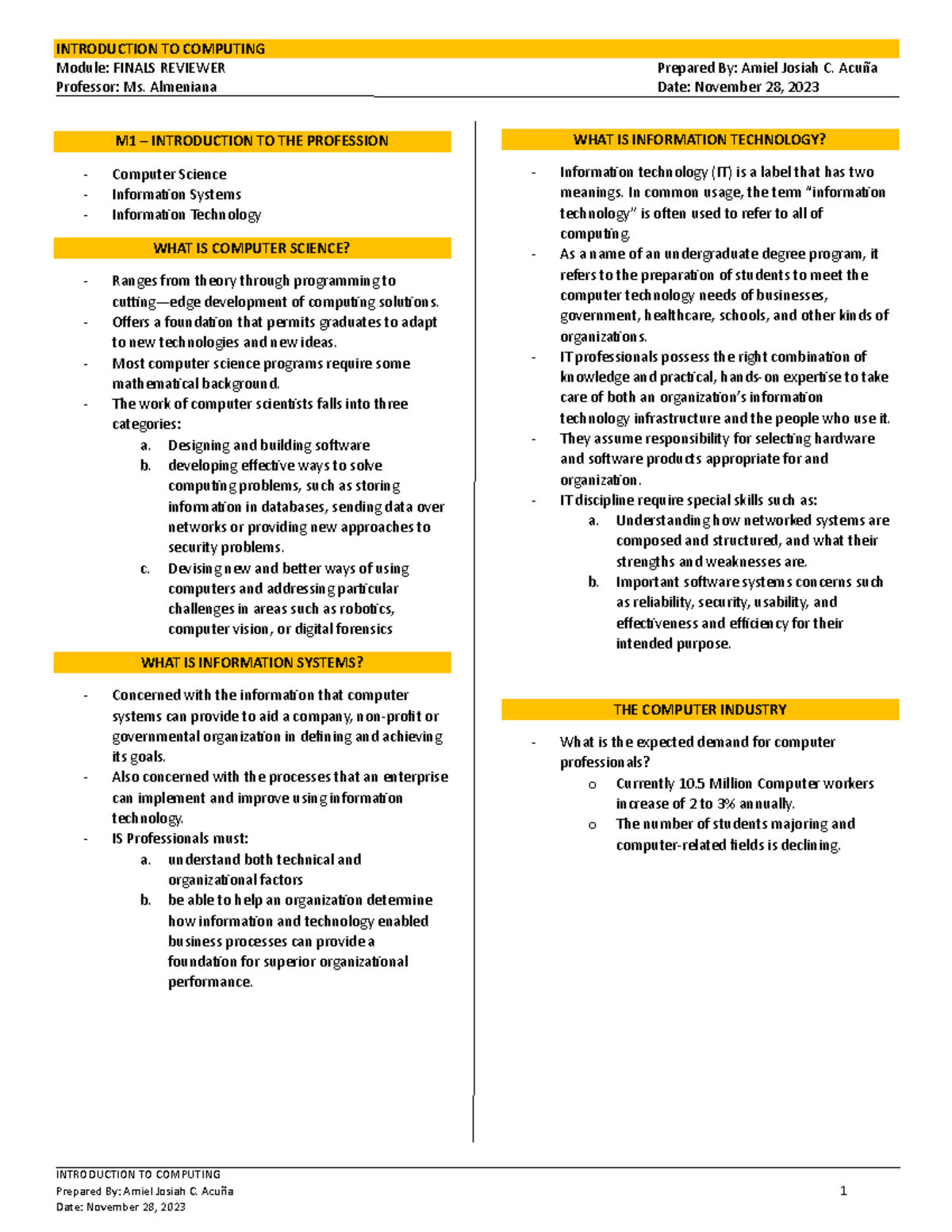 Introduction to Computer - Finals - Reviewer - Module: FINALS REVIEWER ...