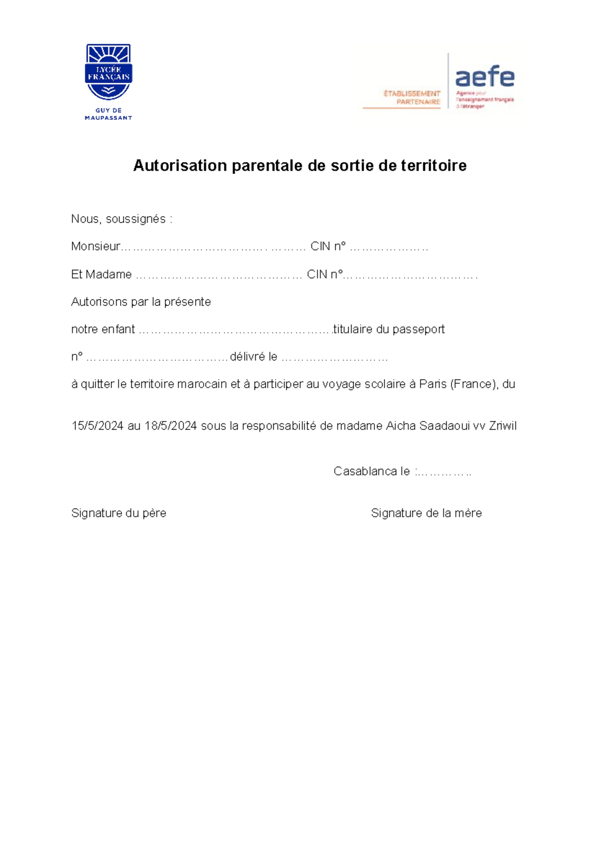 bac de francais - Autorisation parentale de sortie de territoire Nous ...