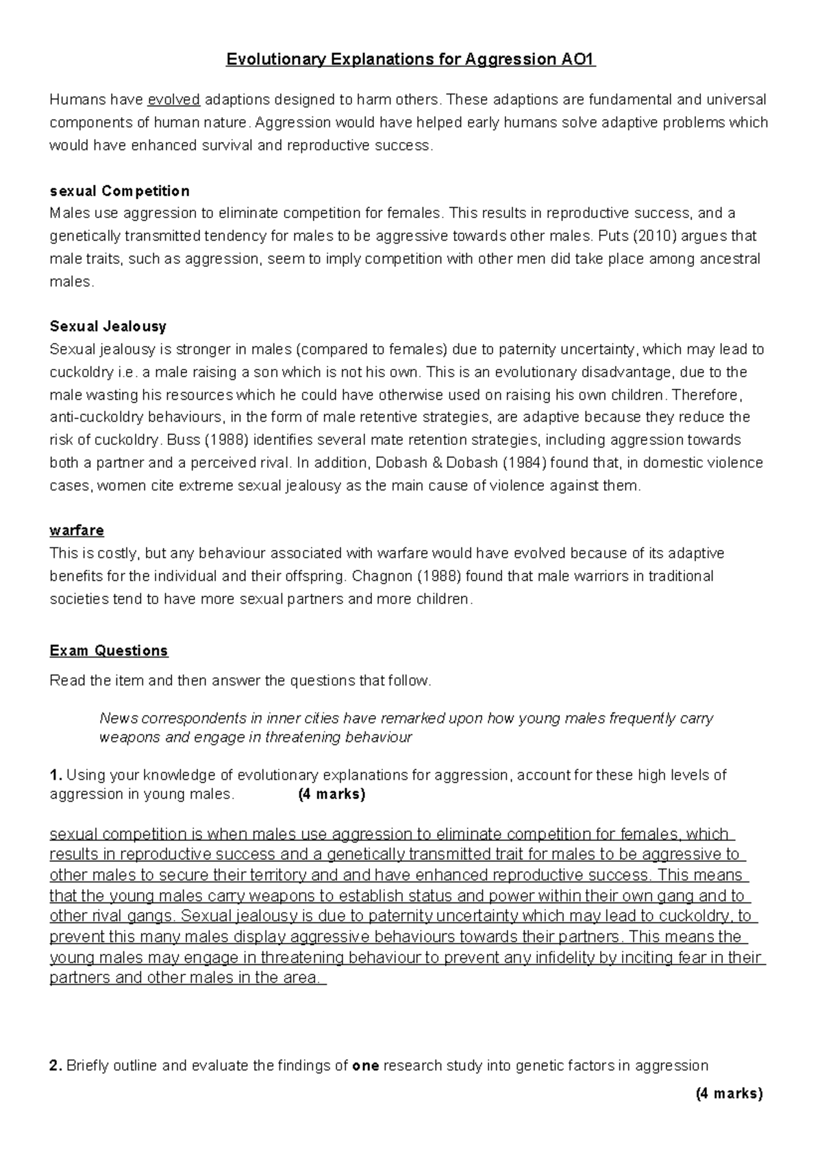 Evolutionary AO1 - notes - Evolutionary Explanations for Aggression AO ...