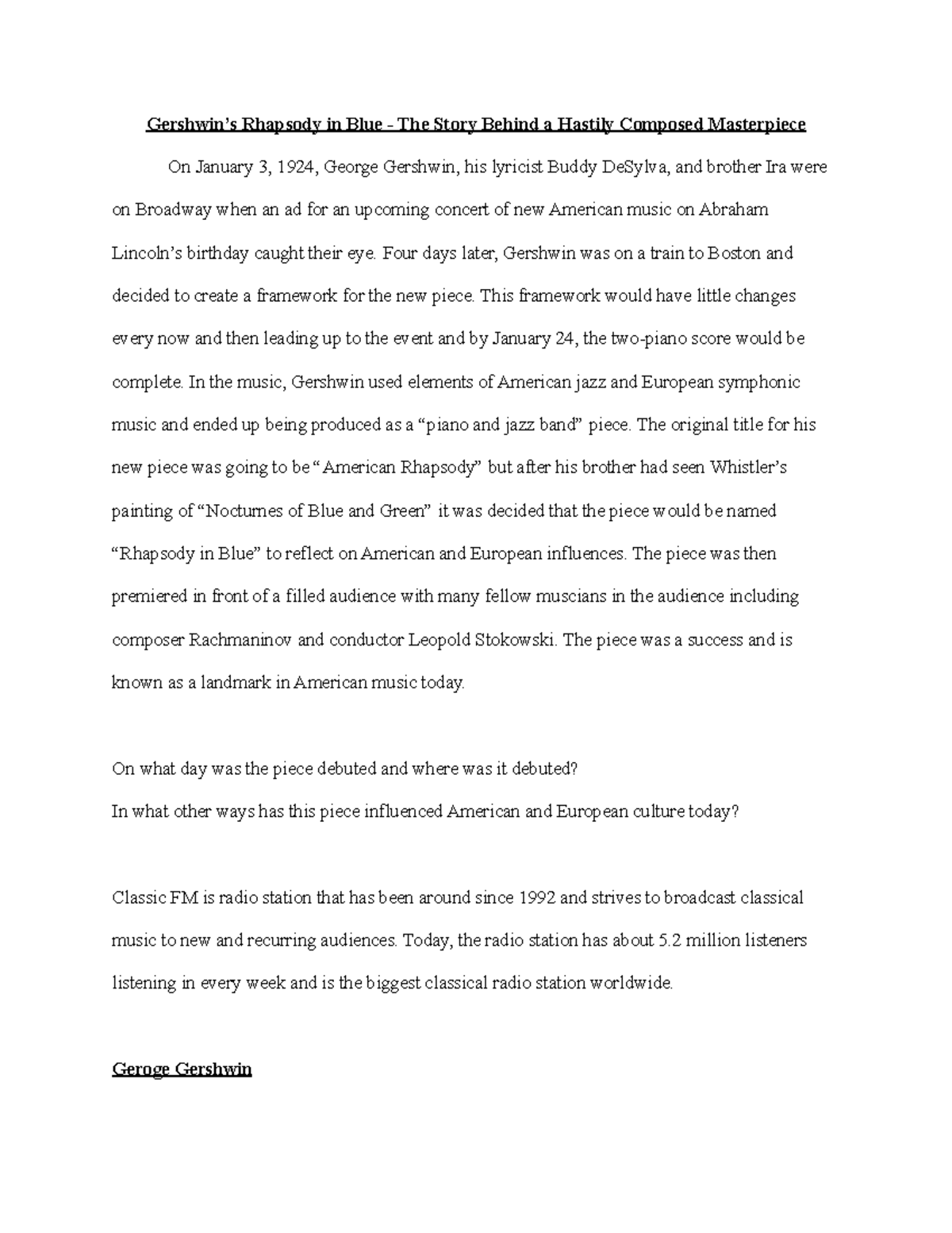 George Gershwin Notes - Summary of article reading - Gershwin’s ...