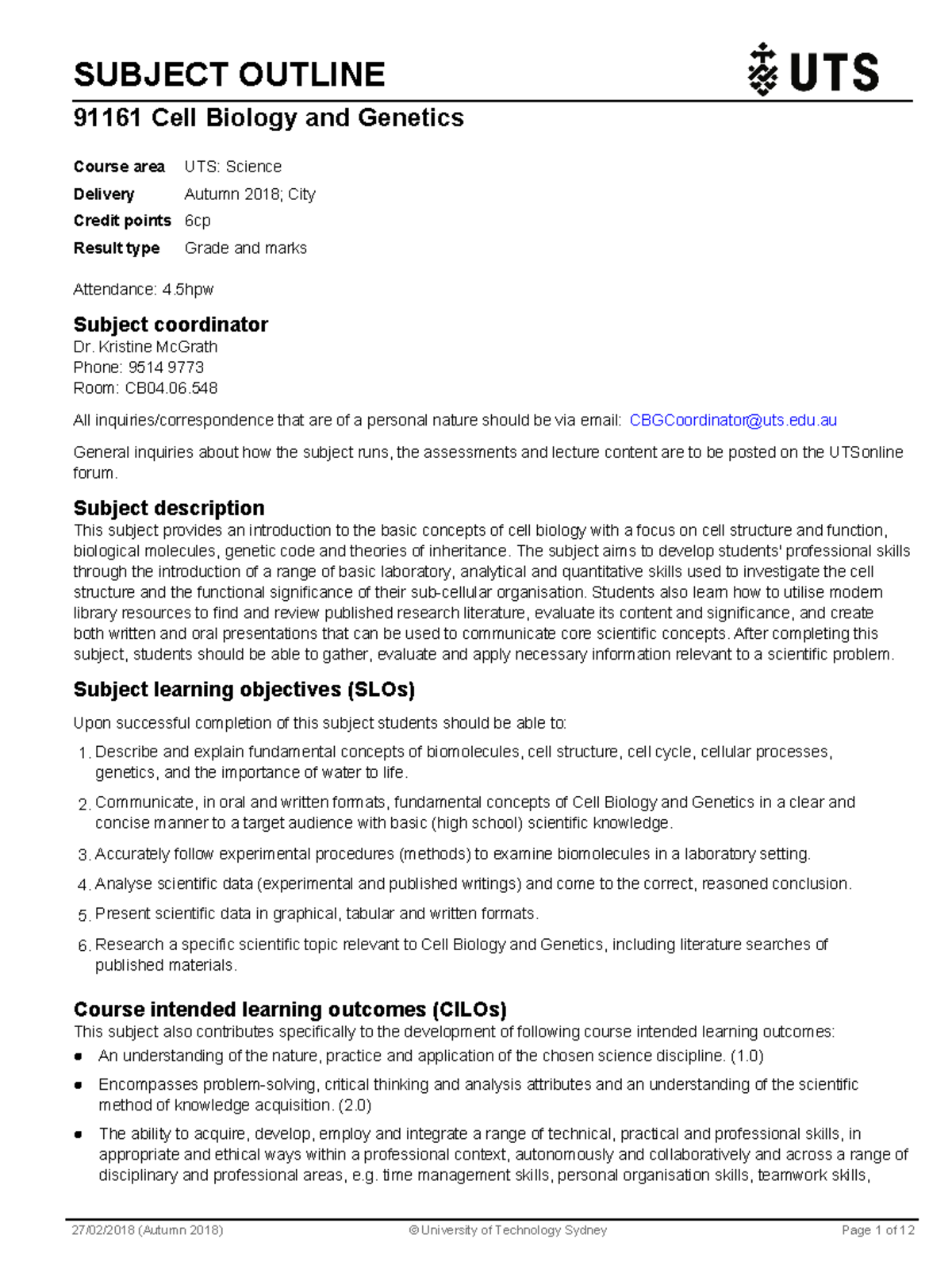 Subject Outline - SUBJECT OUTLINE 91161 Cell Biology and Genetics ...