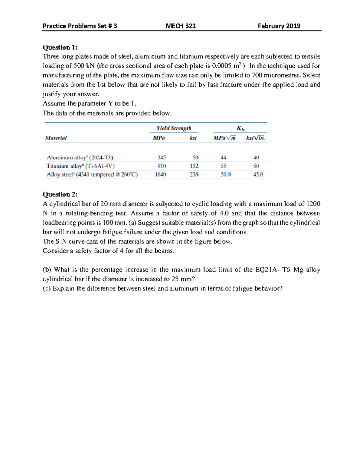 Practice questions 3 MECH 321 - Practice Problems Set # 3 MECH 321 February 2019 Question 1 ...