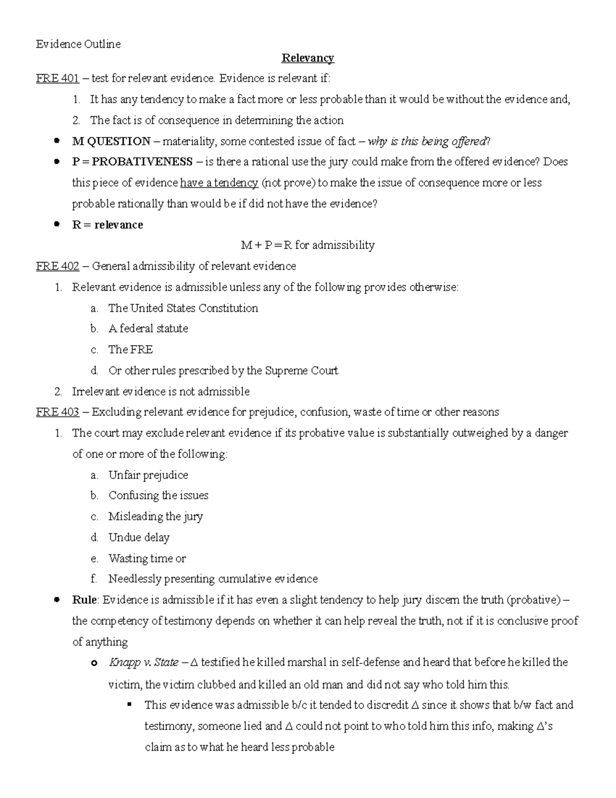 Evidence Outline 2013 - Relevancy FRE 401 – test for relevant evidence ...