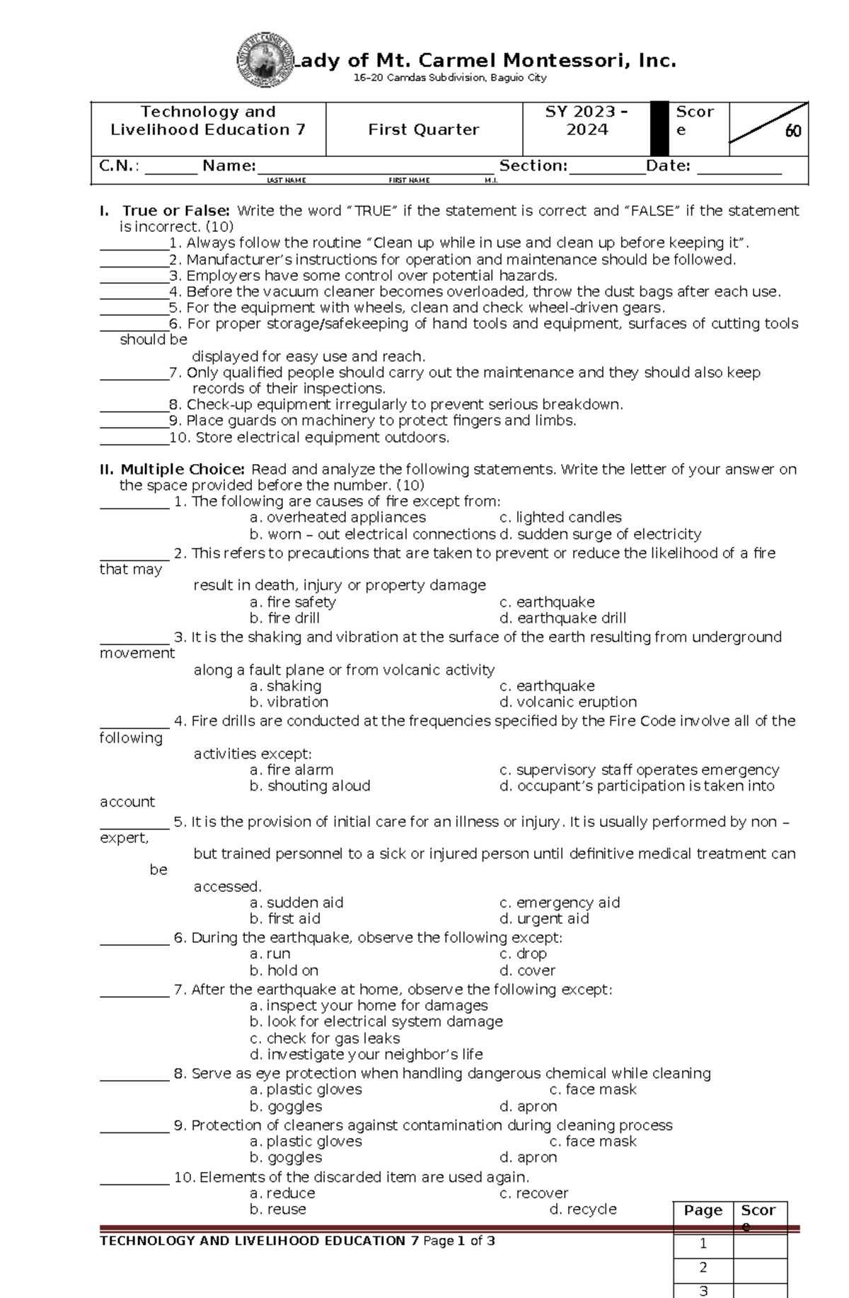 Exam TLE 7 - In line with the school's vision and mission, the TLE ...
