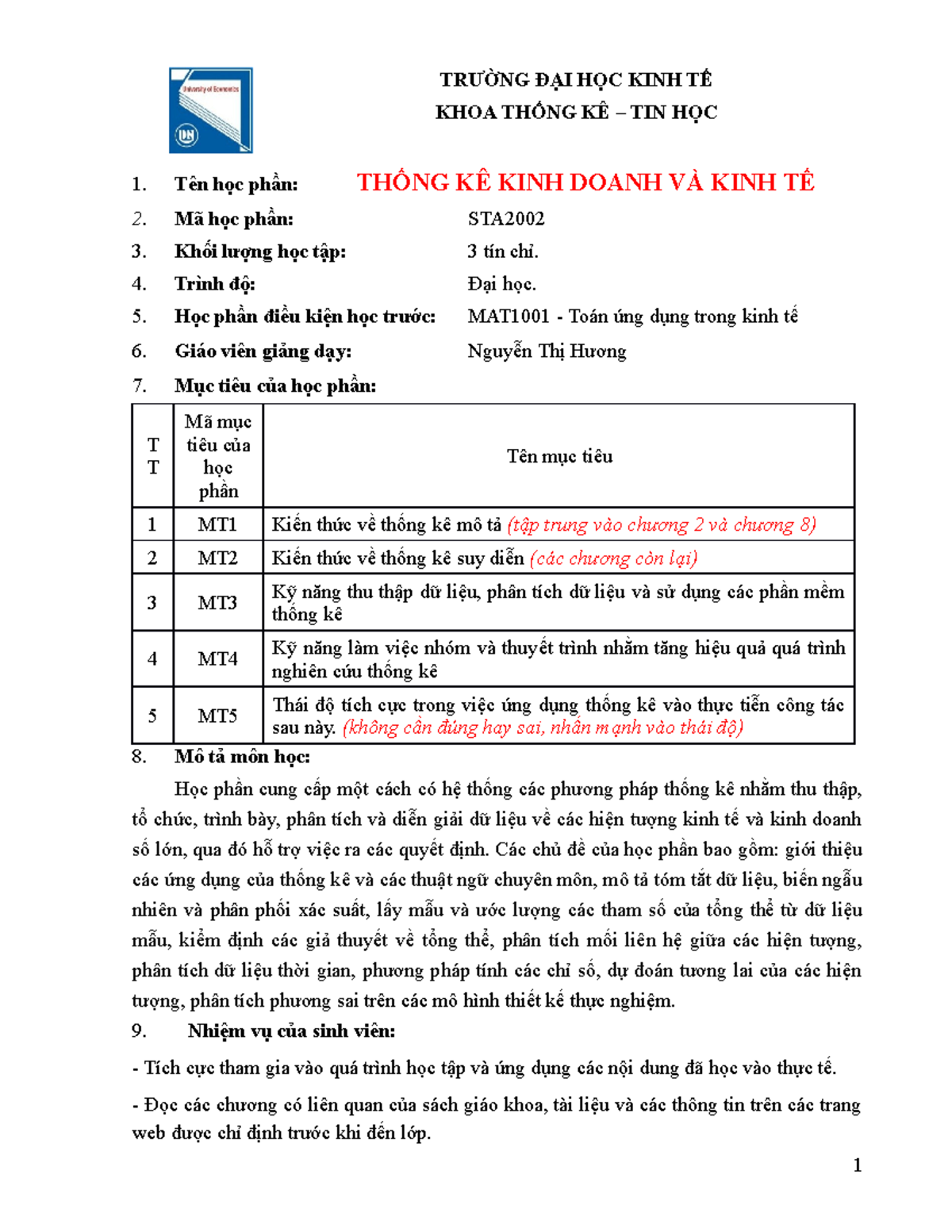 KHGD Tkkdkt KY 1 2021 2022 - TRƯỜNG ĐẠI HỌC KINH TẾ KHOA THỐNG KÊ – TIN HỌC 1. Tên học phần ...