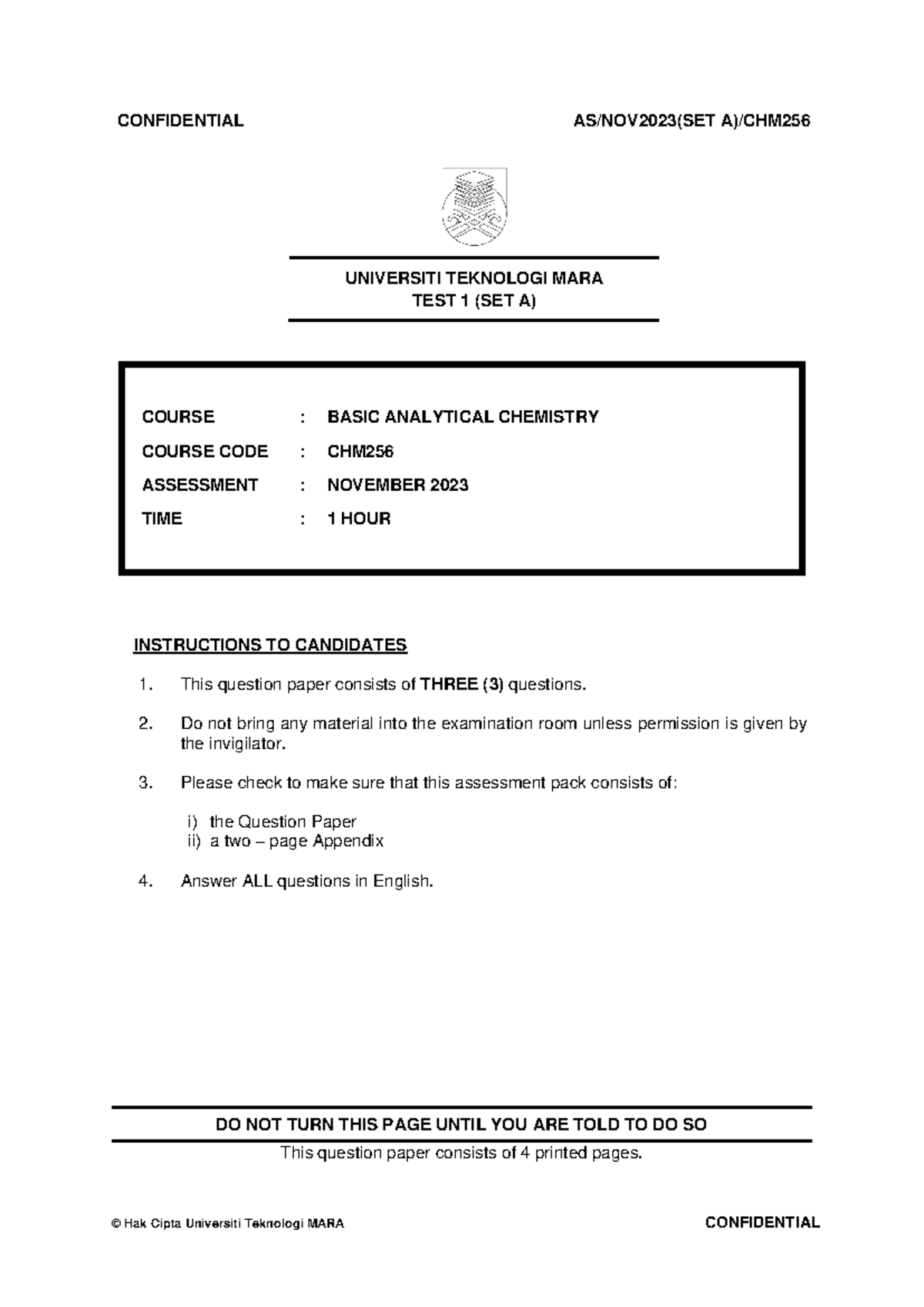 Test 1 (Set A) Nov2023 CHM256 - CONFIDENTIAL AS/NOV 2023 (SET A)/CHM ...