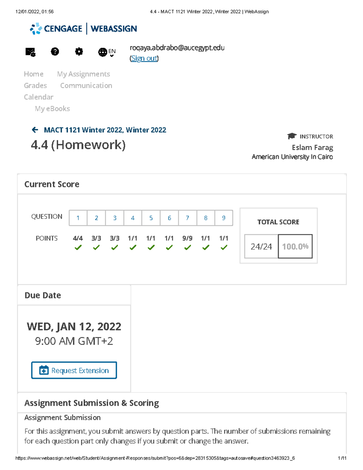 4.4 Web Assign - EN roqaya@aucegypt (Sign out) MACT 1121 Winter 2022, Winter 2022 4 (Homework ...