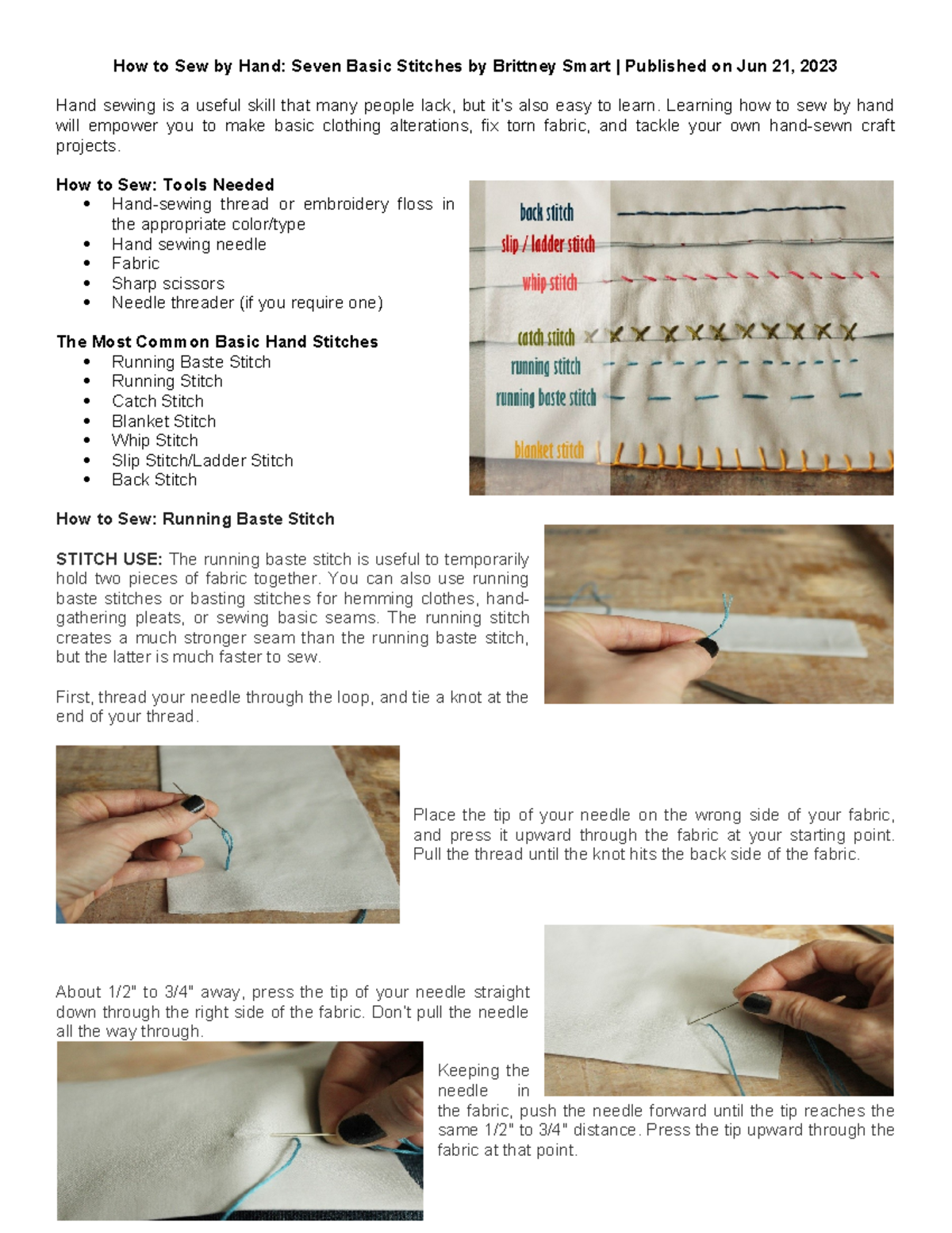 HEL basic stitches - materials - How to Sew by Hand: Seven Basic ...