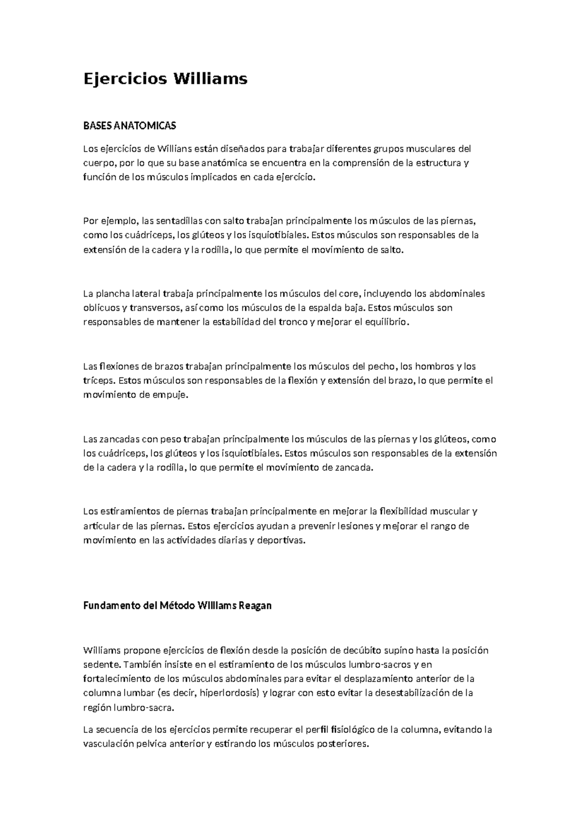 Ejercicios Williams - Tecnicas - Ejercicios Williams BASES ANATOMICAS ...
