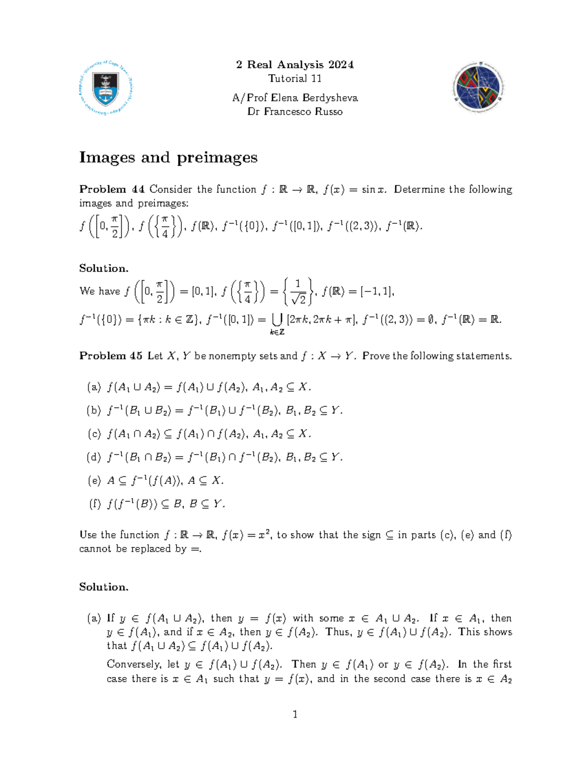 Real analysis tut11 solution - 2 Real Analysis 2024 Tutorial 11 A/Prof Elena Berdysheva Dr ...