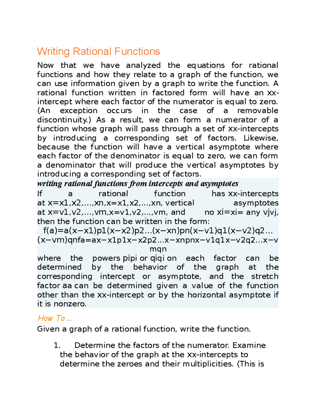 1-4 Reading and Participation Activities Rational Functions 7 - Writing ...