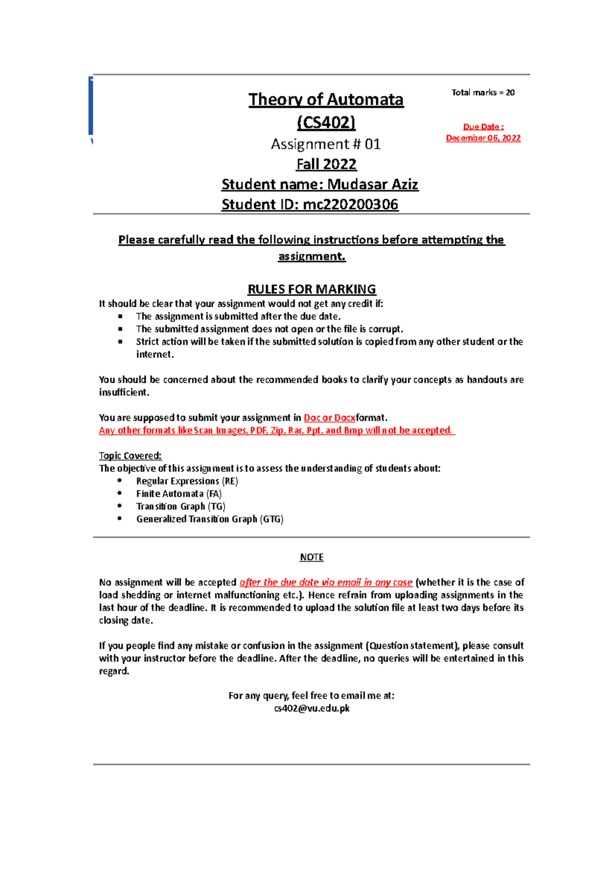 Fall 2022 CS402 1 - quizes - Theory of Automata (CS402) Assignment # 01 Fall 2022 Student name ...