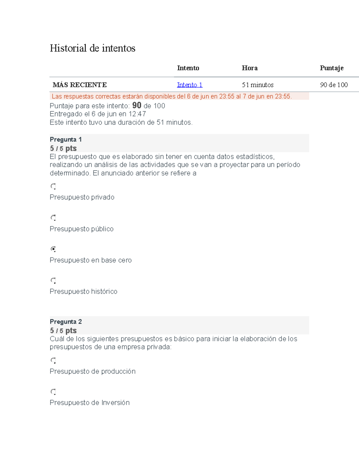 Historial de intento 1 - NOTAS - Historial de intentos Intento Hora ...