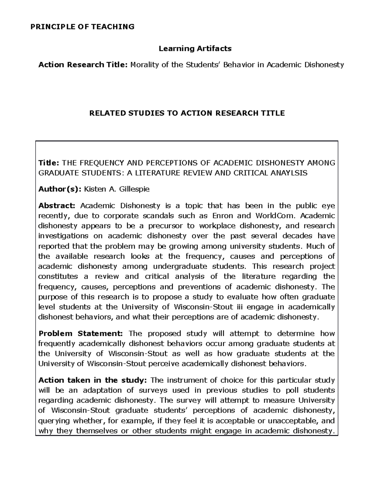 Learning Artifacts - Related Studies regarding the action research title about students ...
