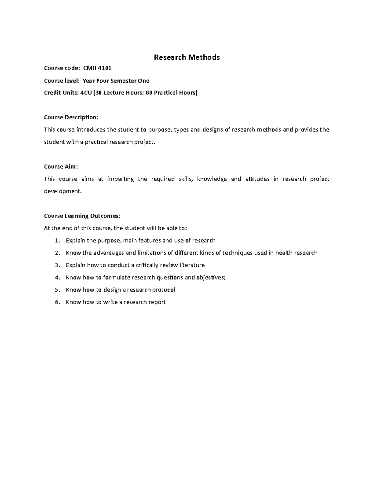 Research methods course outline - Research Methods Course code: CMH ...