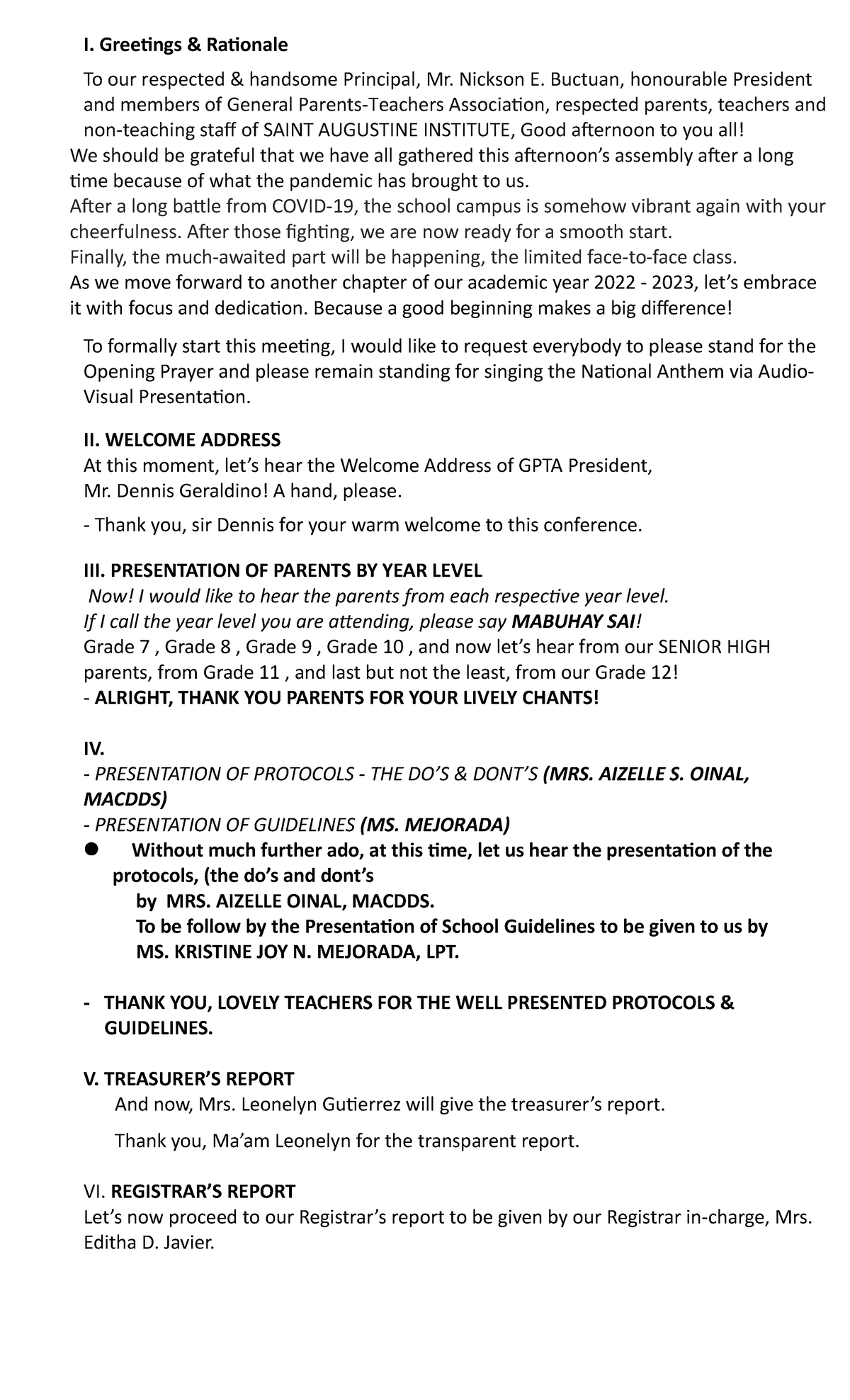 GPTA Meeting - Miss Minchin - I. Greetings & Rationale To our respected ...