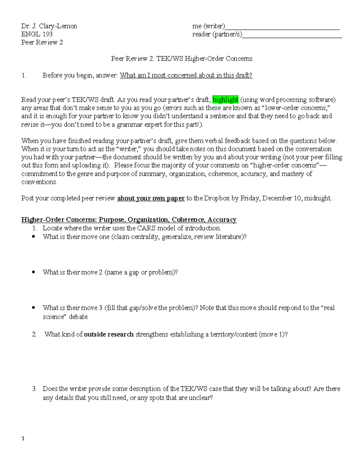 PR2 TEK WS - Peer review document used in assignments. good for ...