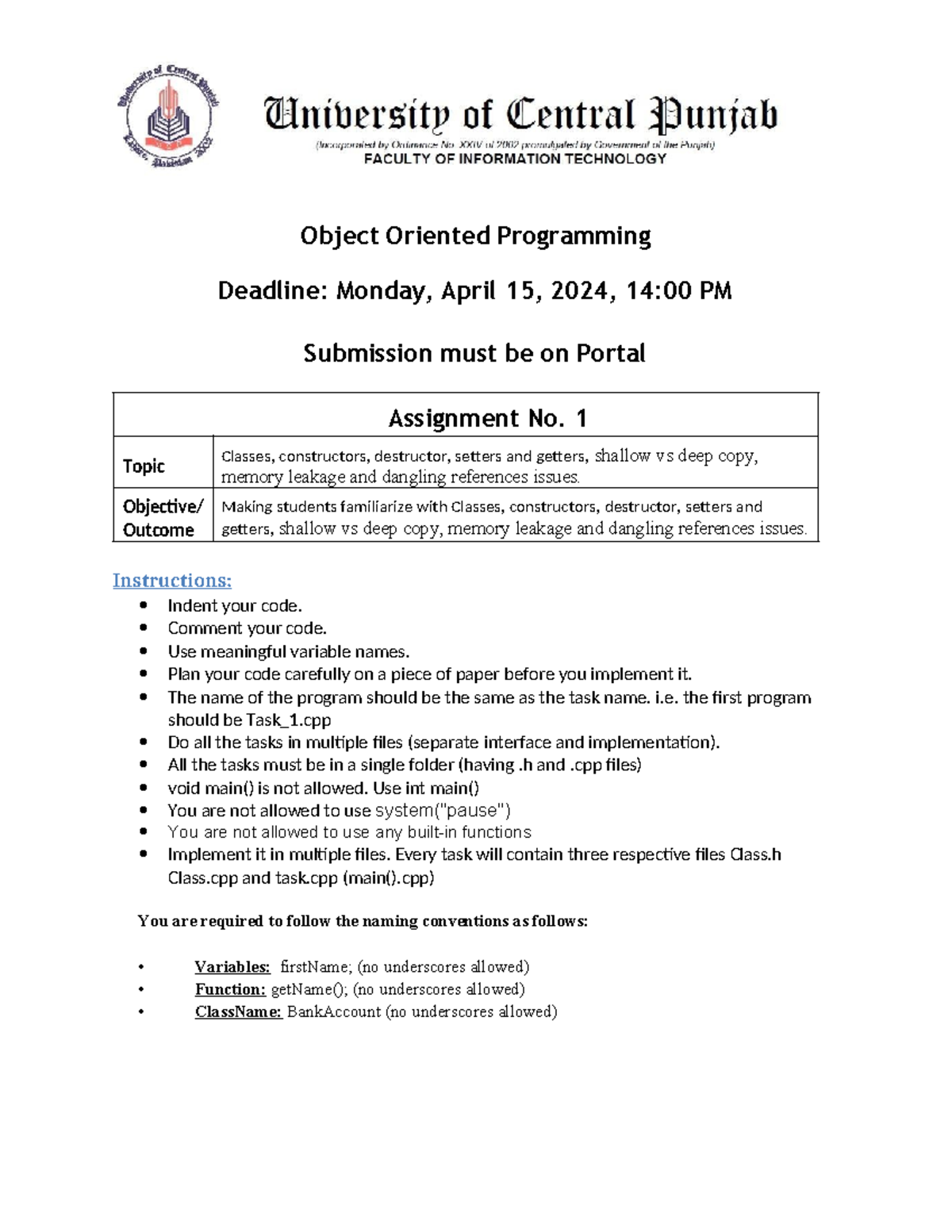 Assignment 1oopspring 2024 Object Oriented Programming Deadline Monday April 15 2024 1400
