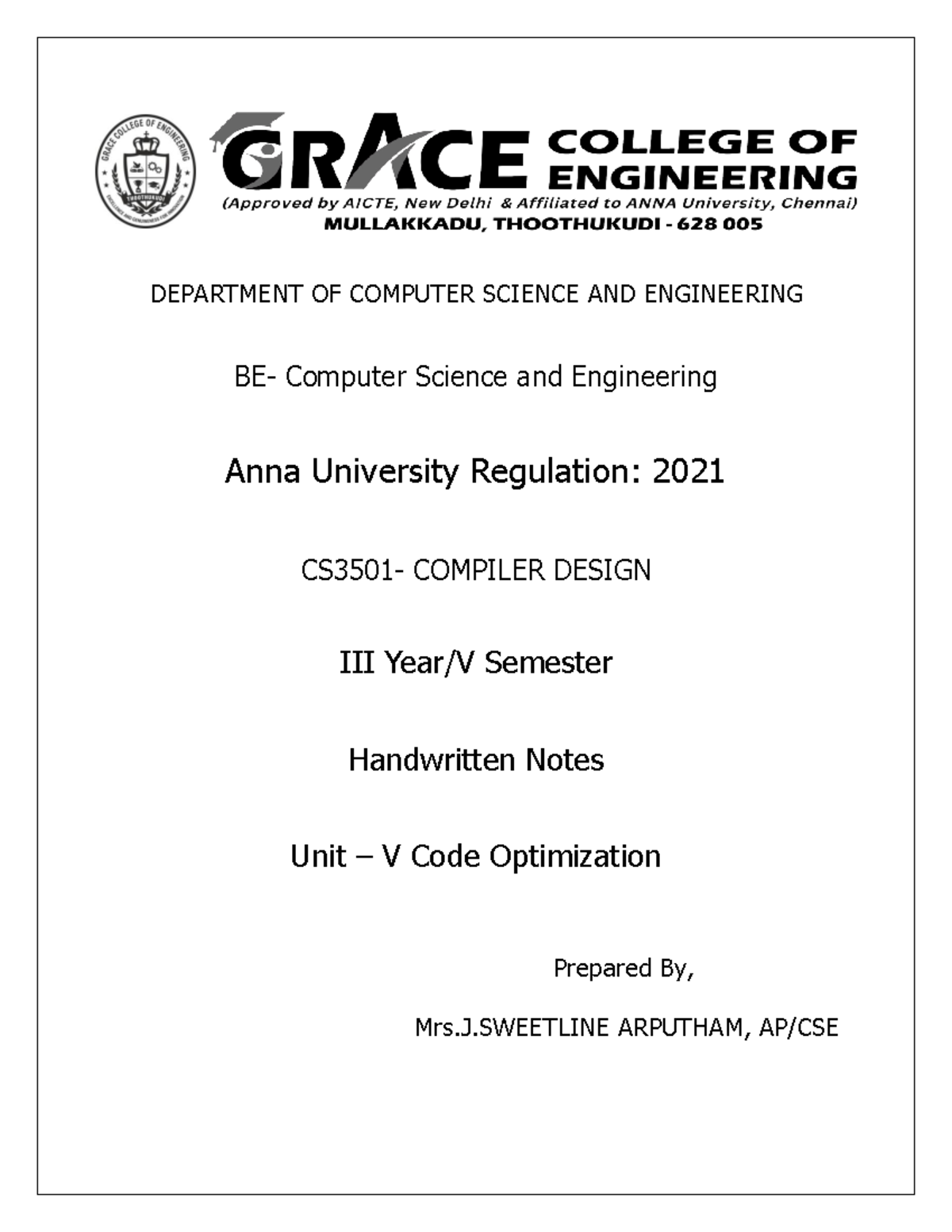 V CSE CS3501 CD UNIT 5 - compiler - Compiler Design - DEPARTMENT Anna University Regulation ...