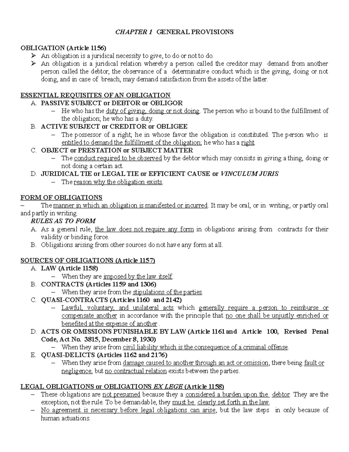 Rfbt 1 obli chap 1 to chap 3 section 2 - CHAPTER 1 GENERAL PROVISIONS OBLIGATION (Article 1156 ...