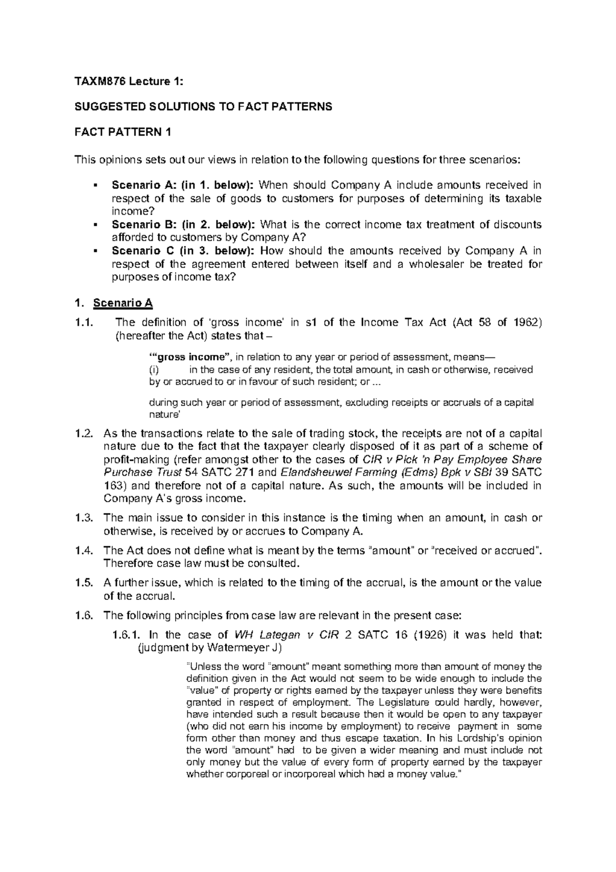 TAXM876 Lecture 1 Fact patterns - Suggested solutions - Warning: TT ...
