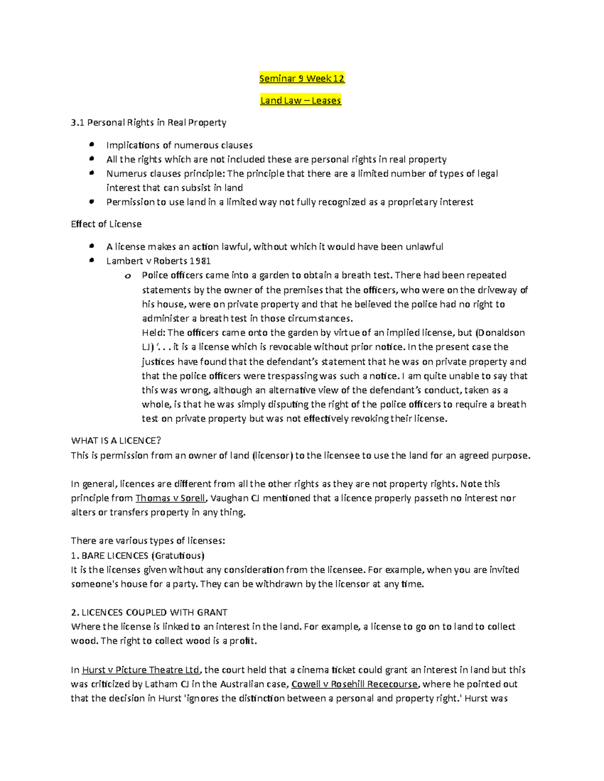 Week 12 leases 3;1-3;4 - Seminar 9 Week 12 Land Law – Leases 3 Personal ...