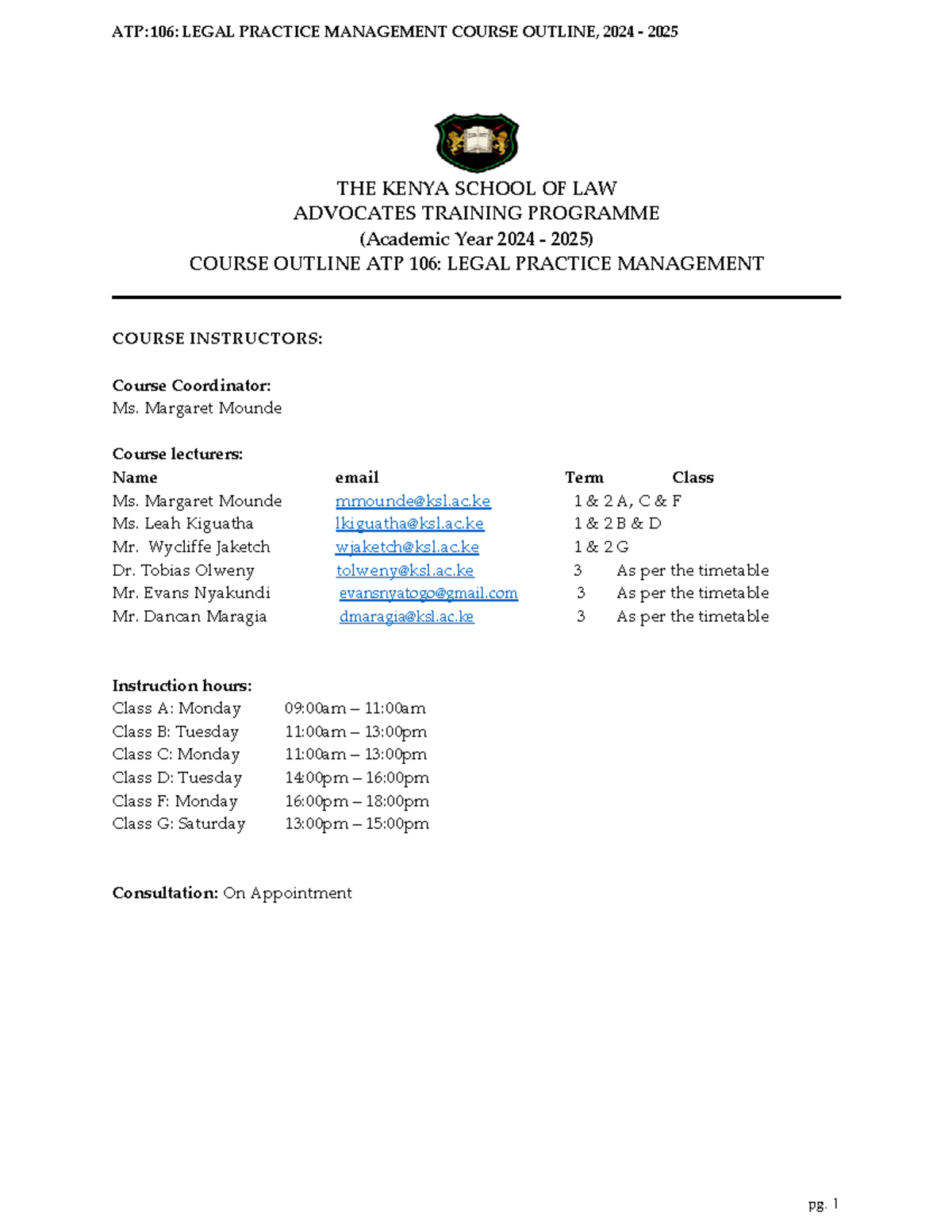 ATP 106 Legal Practice Management Course outline 2024-2025 - ATP: 106: LEGAL PRACTICE MANAGEMENT ...