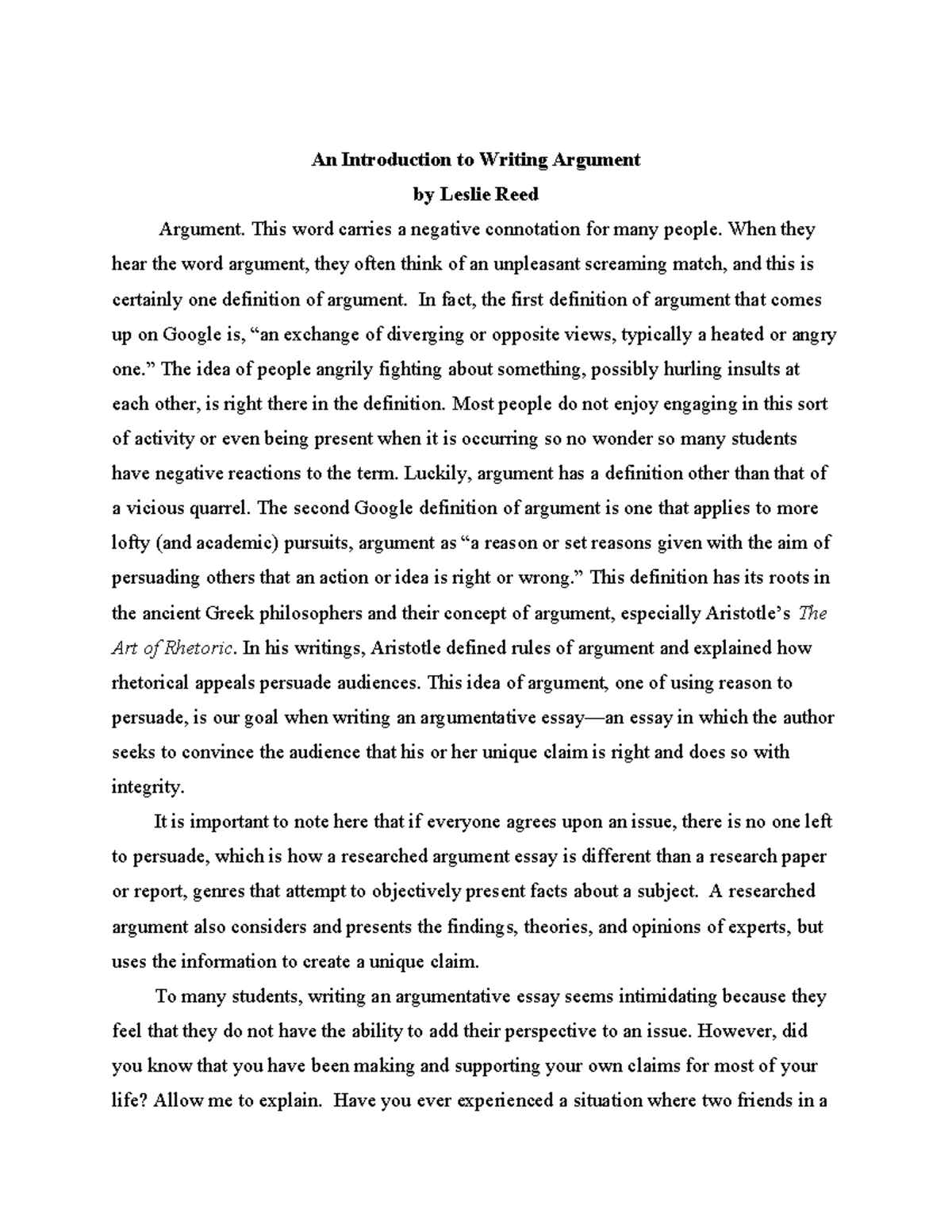 Introduction+to+Argument - An Introduction to Writing Argument by ...