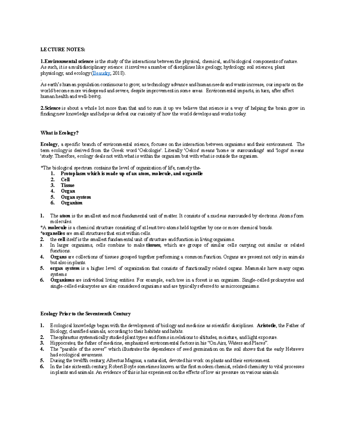 Environmental science and ecology - LECTURE NOTES: 1 science is the ...