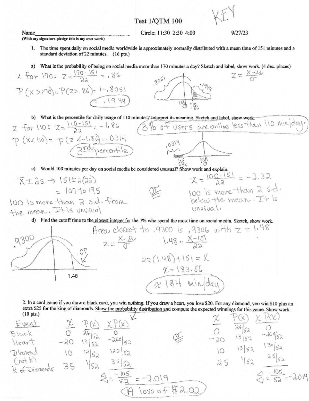 Test 1 Fa23 - test 1 answer - QTM 100 - Studocu