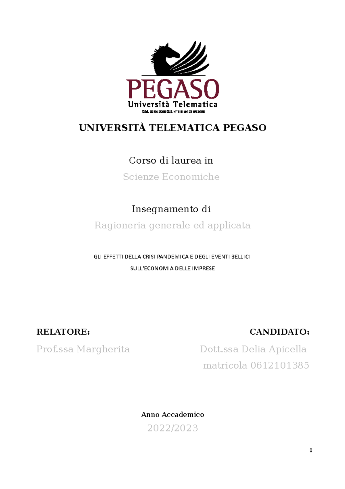 Apicella - frontespizio - UNIVERSITÀ TELEMATICA PEGASO Corso di laurea ...