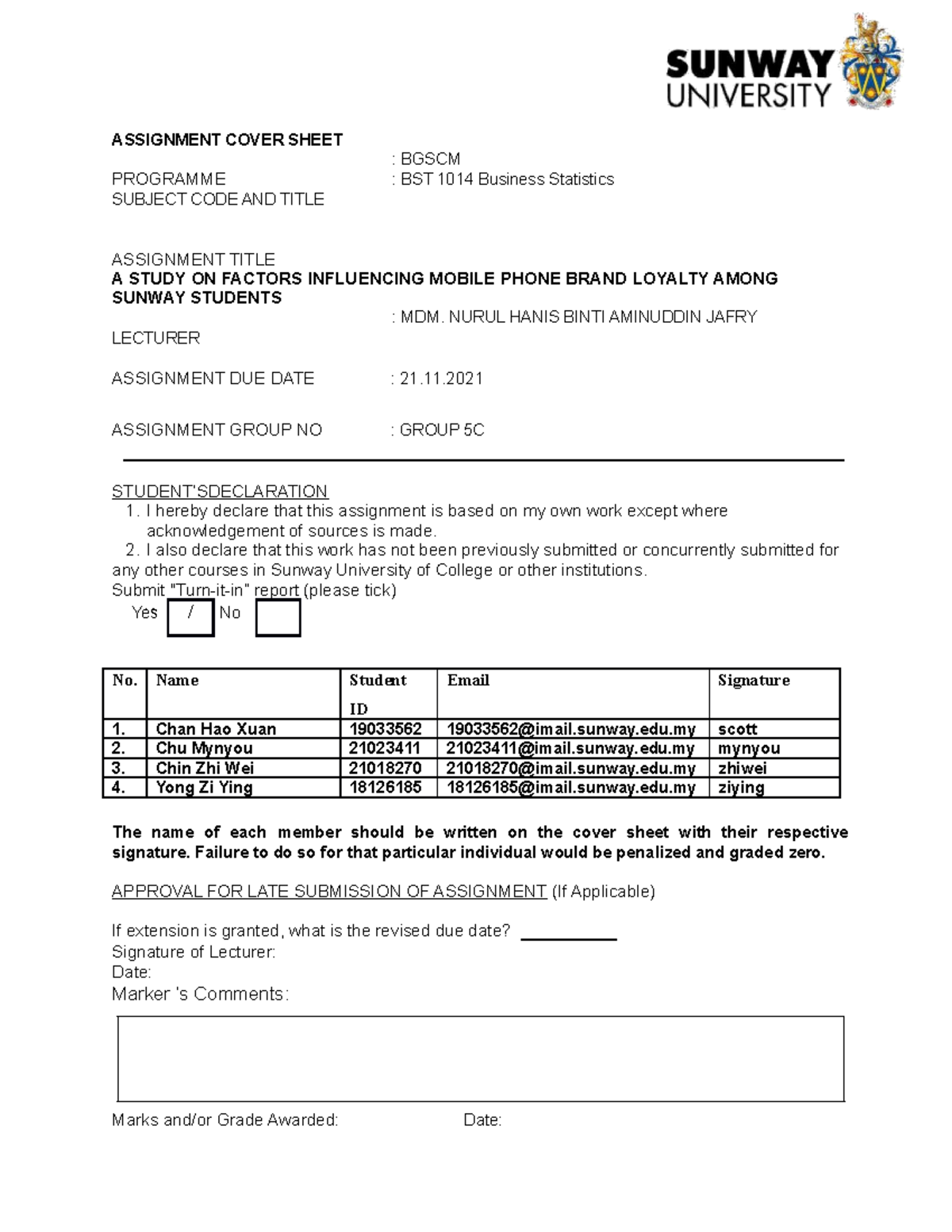 BST1014 Project - good - ASSIGNMENT COVER SHEET PROGRAMME SUBJECT CODE ...