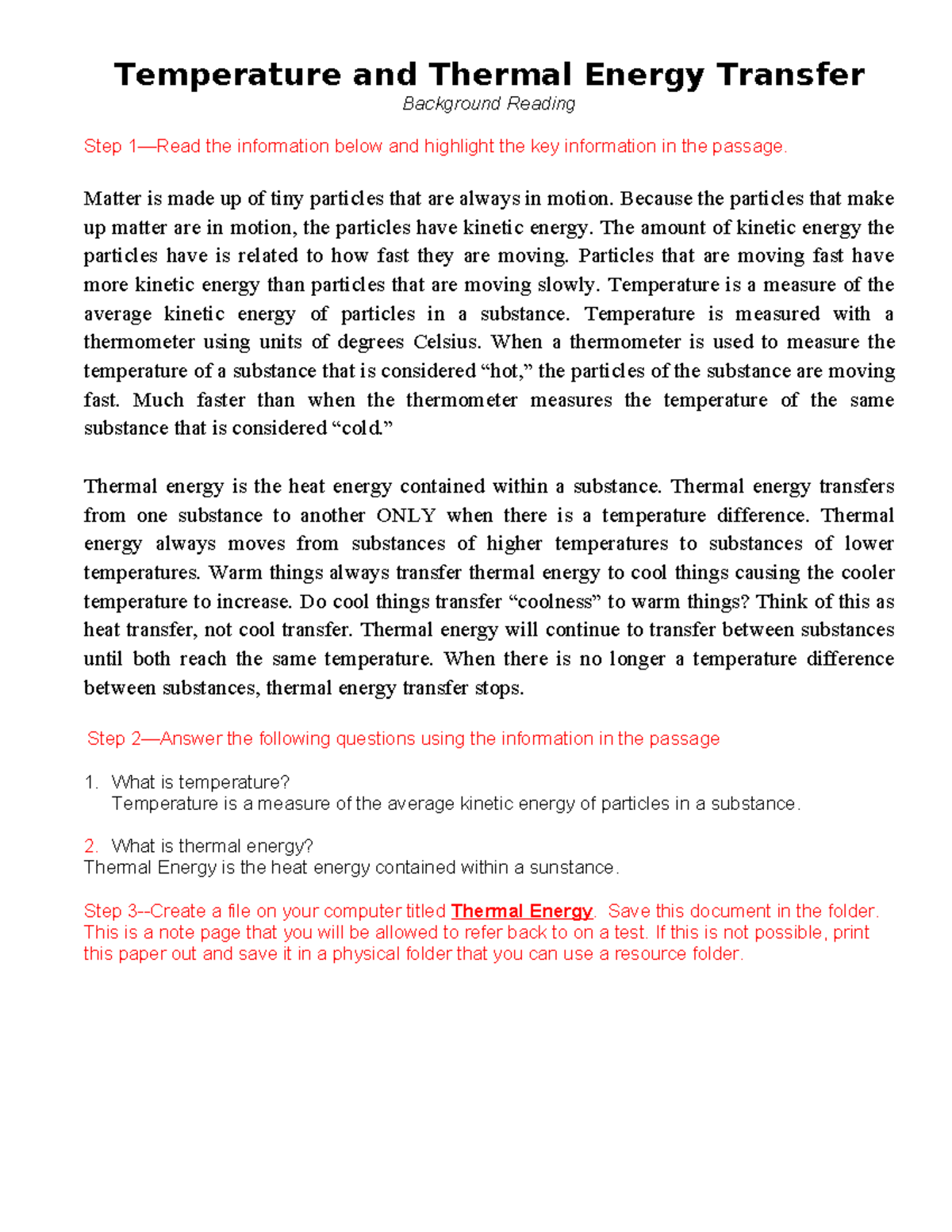 Thermal Energy Background information - Temperature and Thermal Energy ...