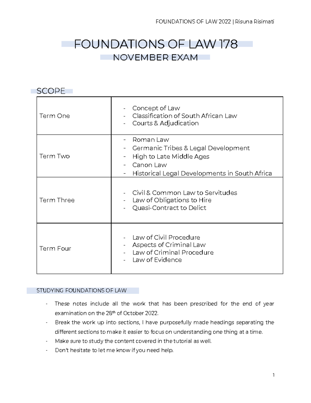 Foundations YEAR Notes - FOUNDATIONS OF LAW 178 NOVEMBER EXAM SCOPE ...