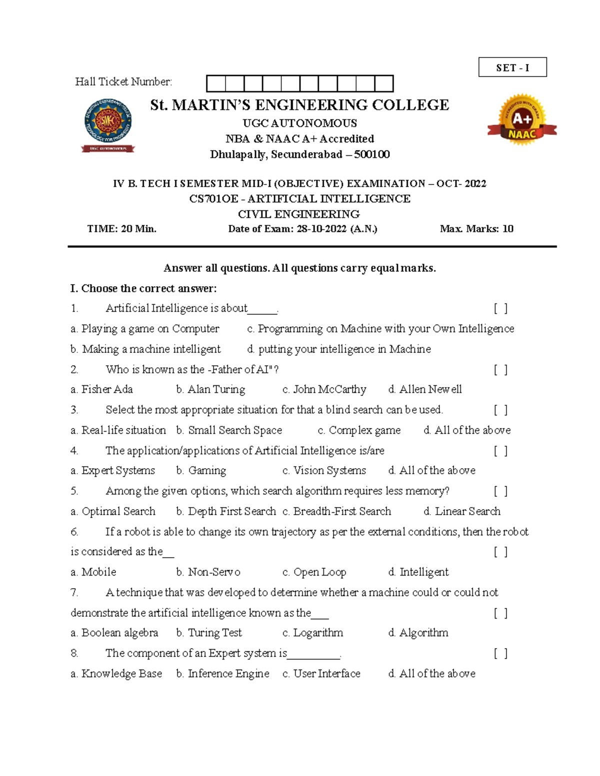 AI obj - St. MARTIN’S ENGINEERING COLLEGE UGC AUTONOMOUS NBA & NAAC A+ ...