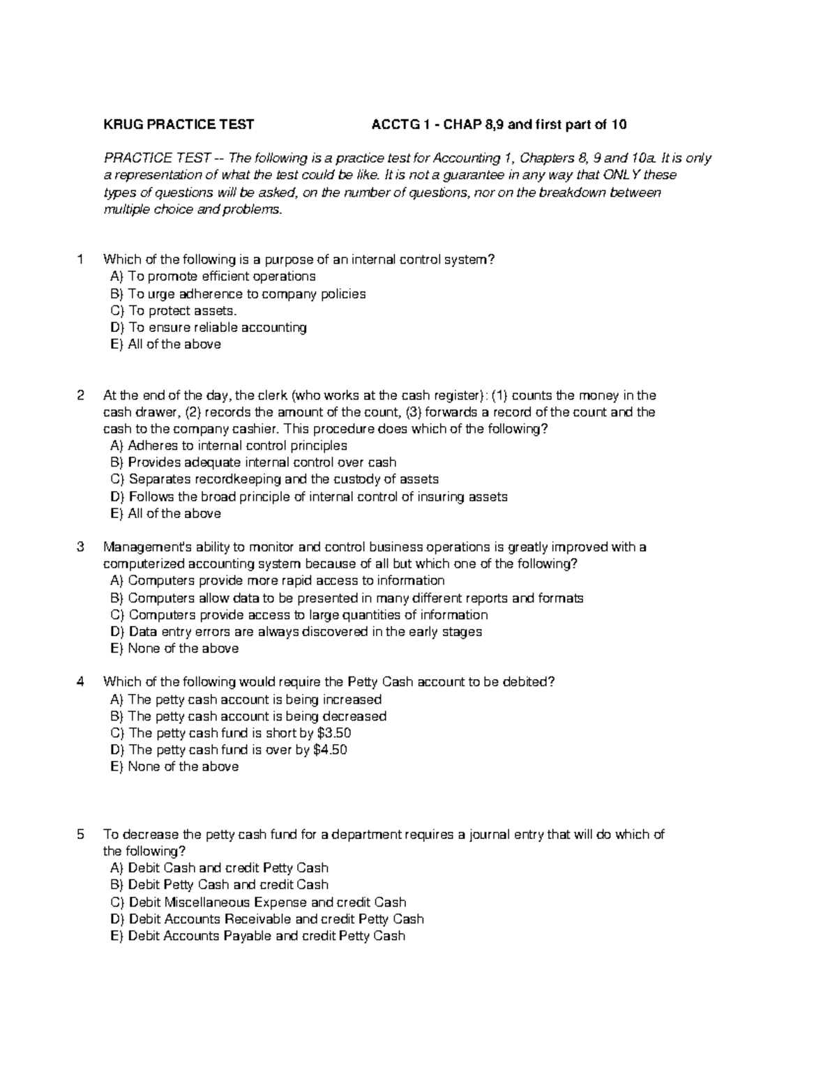 Practice TEST CHAP 89 10a - KRUG PRACTICE TEST ACCTG 1 - CHAP 8,9 and ...