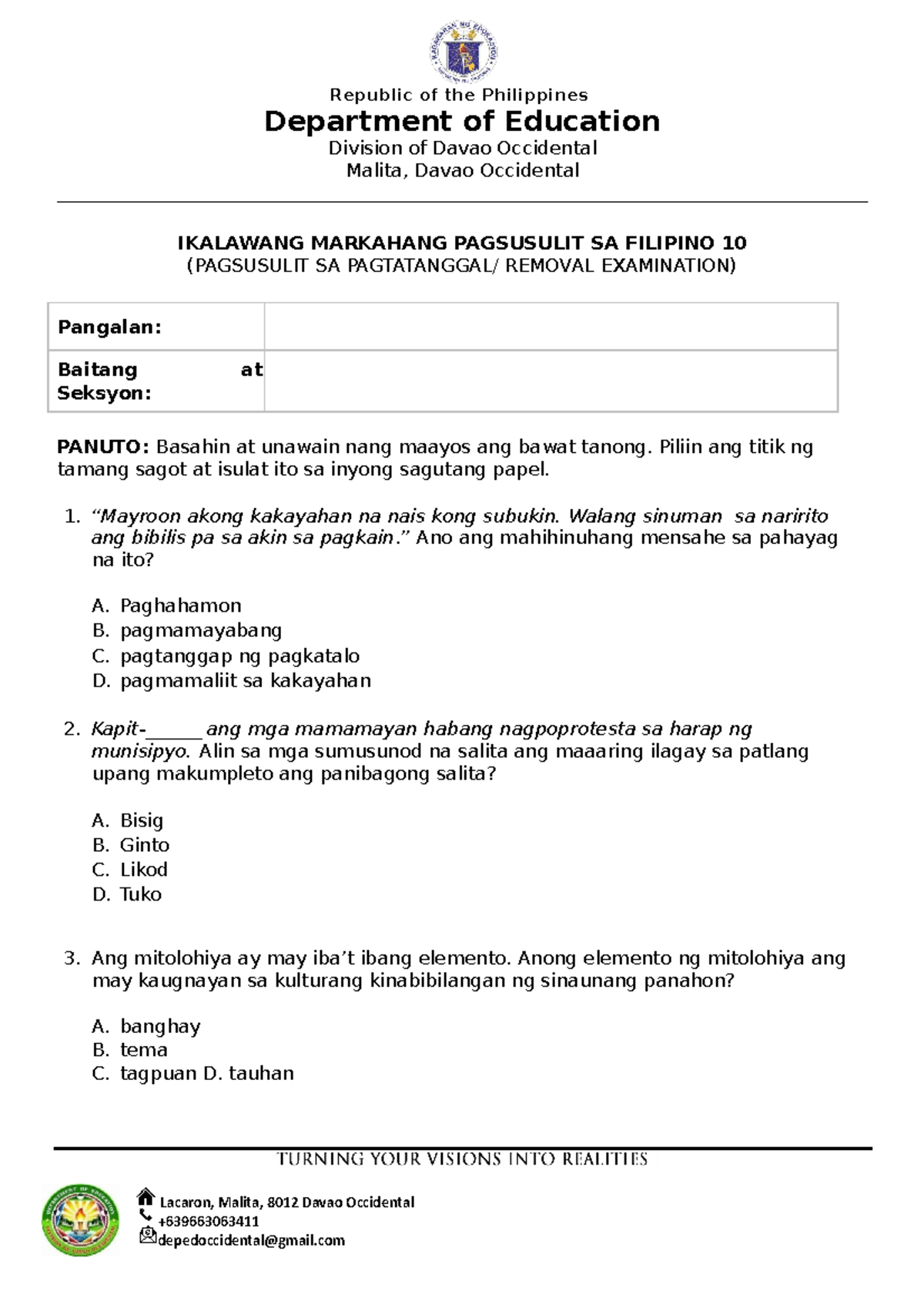 Grade 10 TQ Removal Exam Word - Lacaron, Malita, 8012 Davao Occidental ...