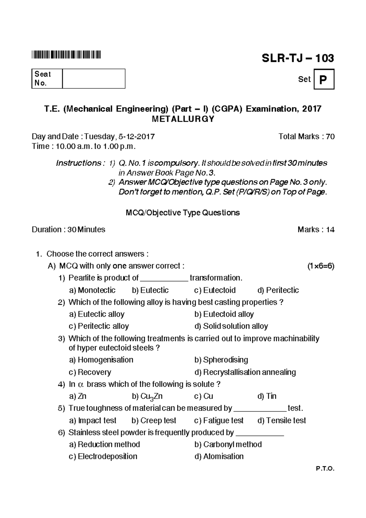 industrial Engineering - B v tIHQB -1- SLR-TJ – 103 SLR-TJ – 103 Seat No. T. (Mechanical - Studocu