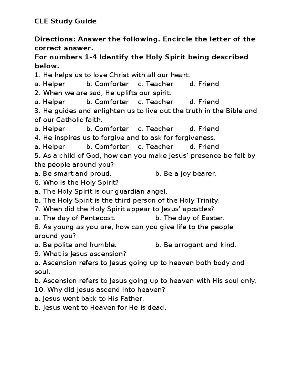 Grade 1 Study Guide - Lectures - CLE Study Guide Directions: Answer the ...