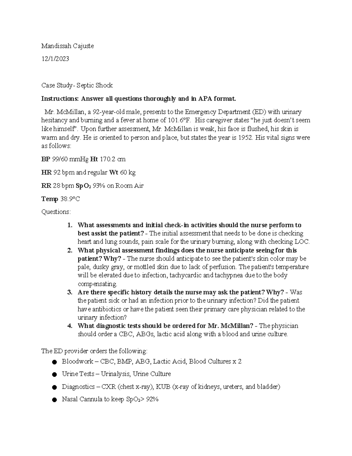 Case Study- Sepsis (1) - Mandissah Cajuste 12/1/ Case Study- Septic ...
