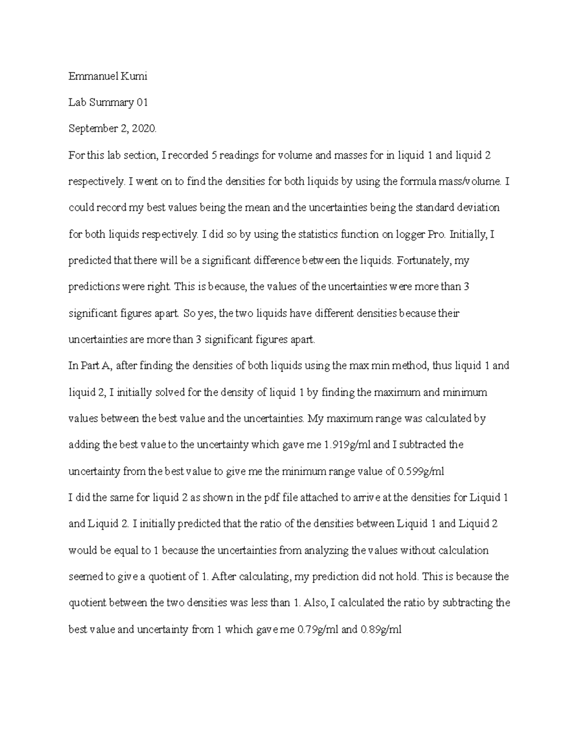 Lab Section 01 - ASSIGNMENT - Emmanuel Kumi Lab Summary 01 September 2 ...