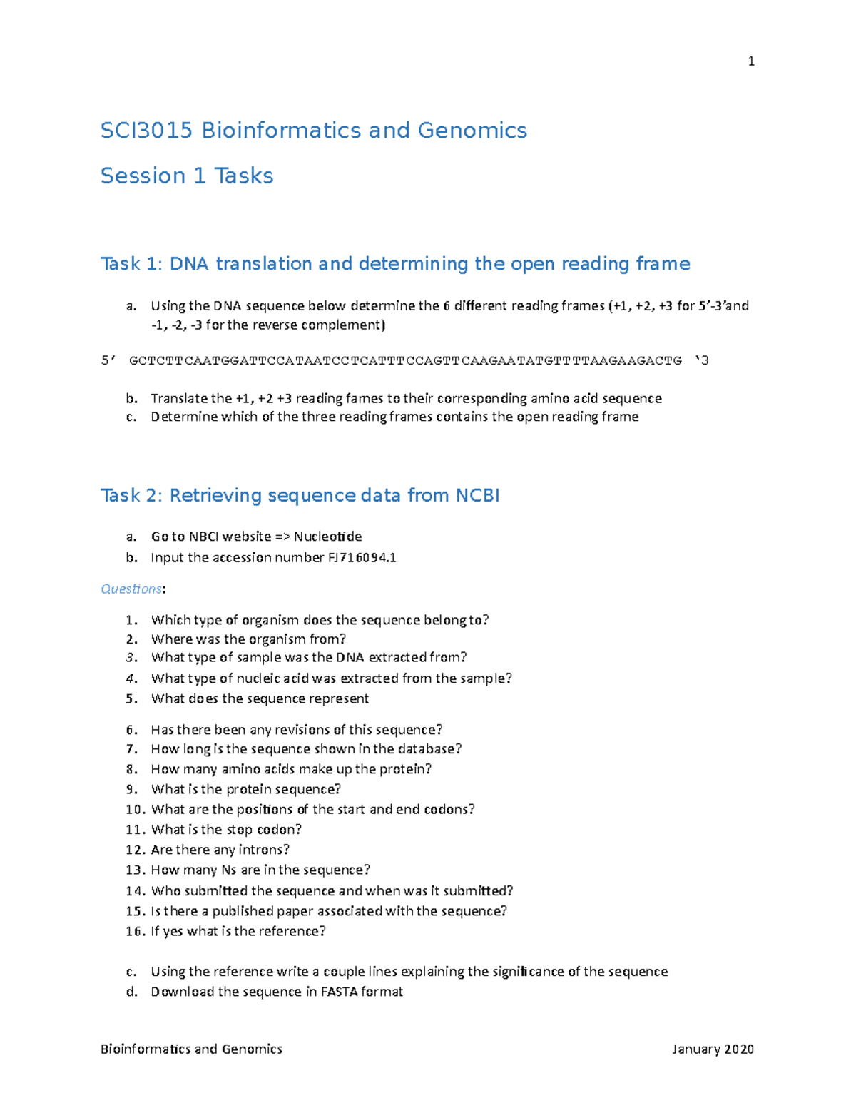 Bioinformatics Session 1 Tasks 2020 1 Sci3015 Bioinformatics And Genomics Session 1 Tasks Task