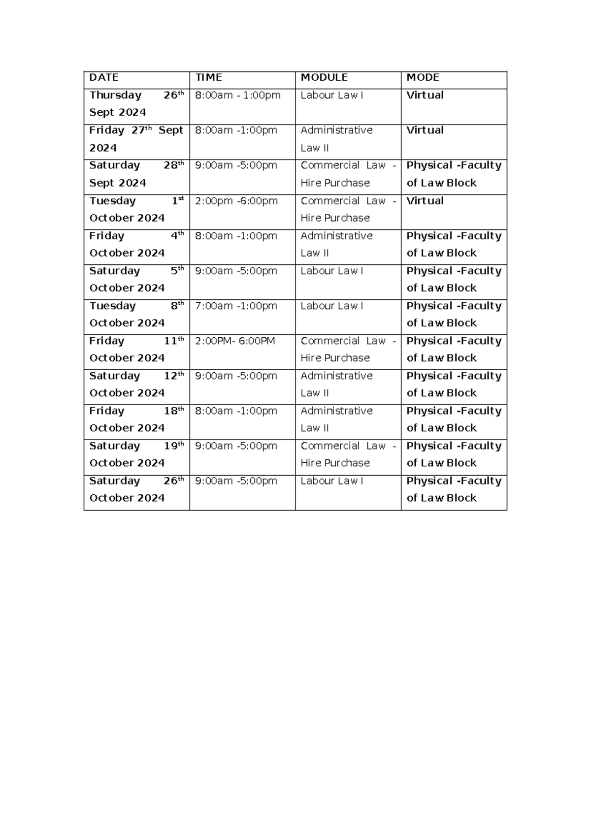 Timetable FOR Commercial LAW Labour LAW AND Admin - DATE TIME MODULE ...