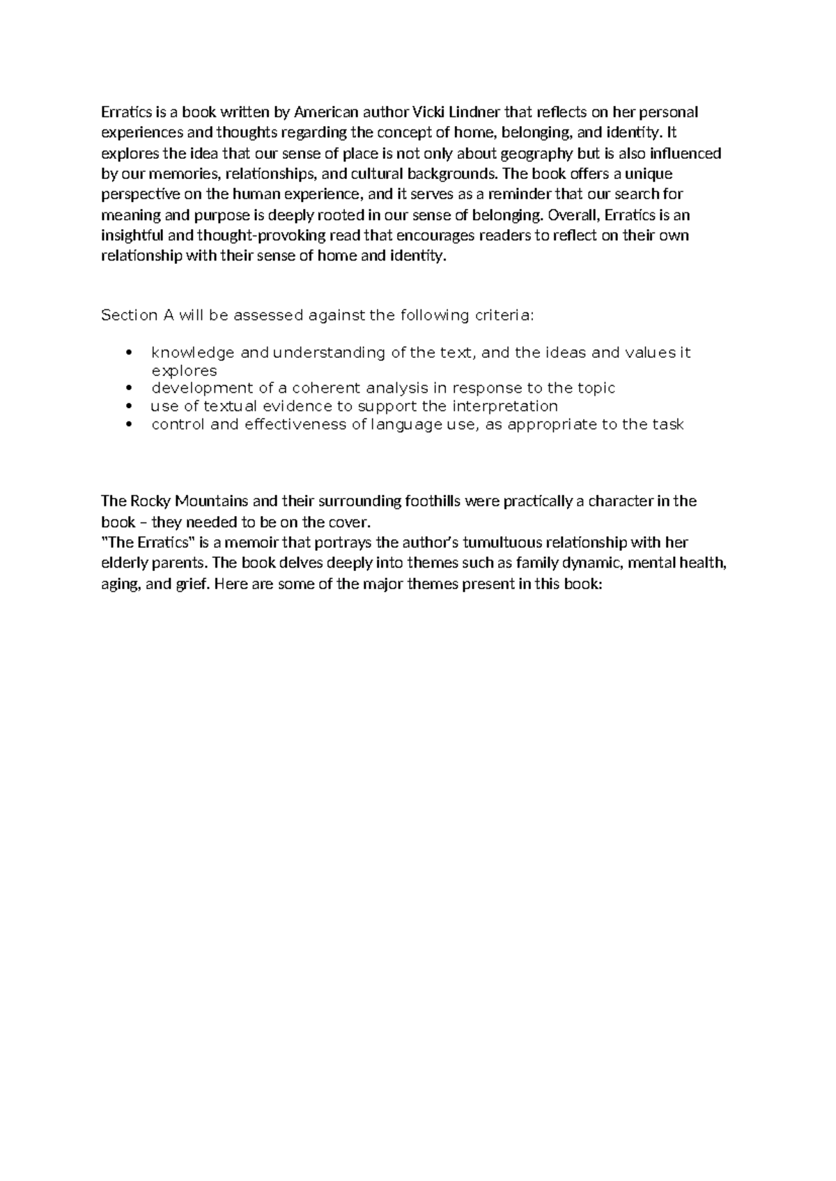 Erratics notes - Erratics is a book written by American author Vicki ...