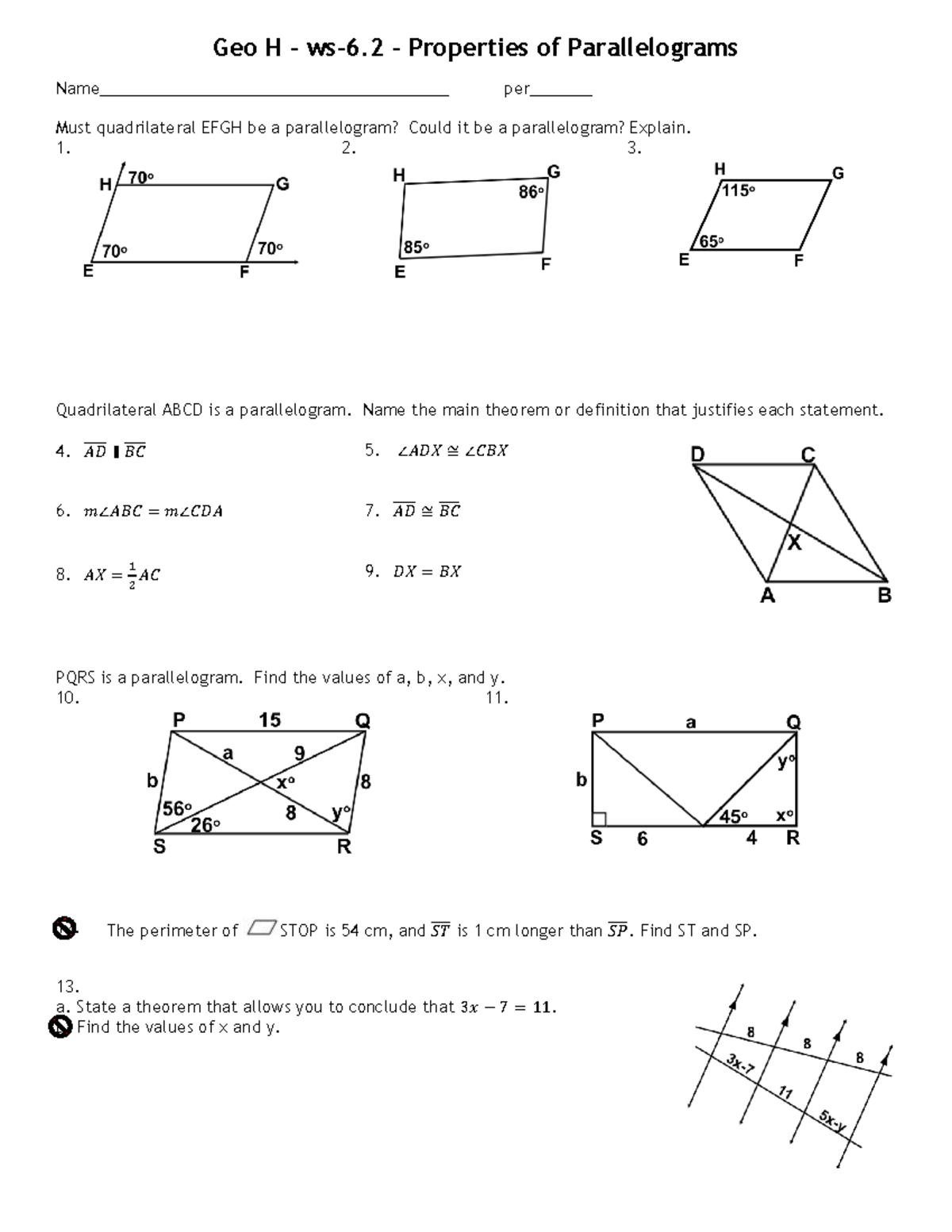 Geo H - 6.2 - ws - prop. of parallelograms - Name ...