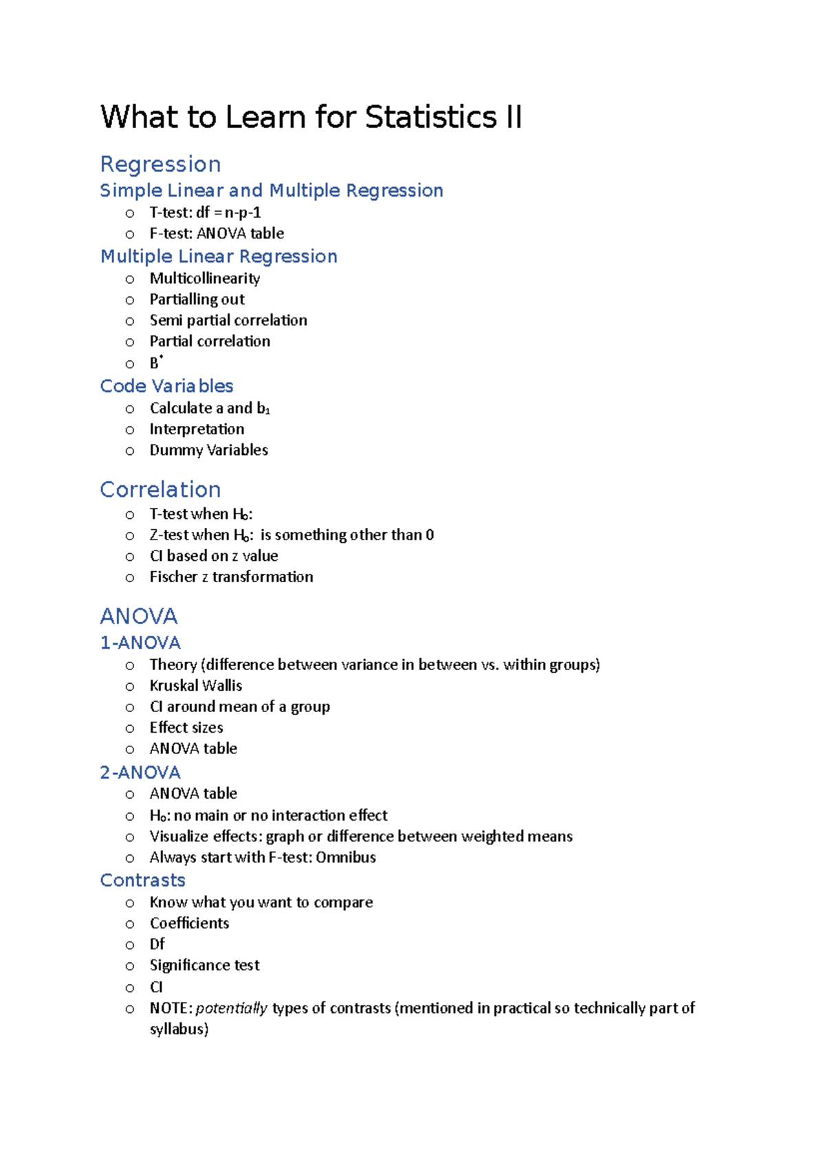 Checklist Statistics II - What to Learn for Statistics II Regression Simple Linear and Multiple ...