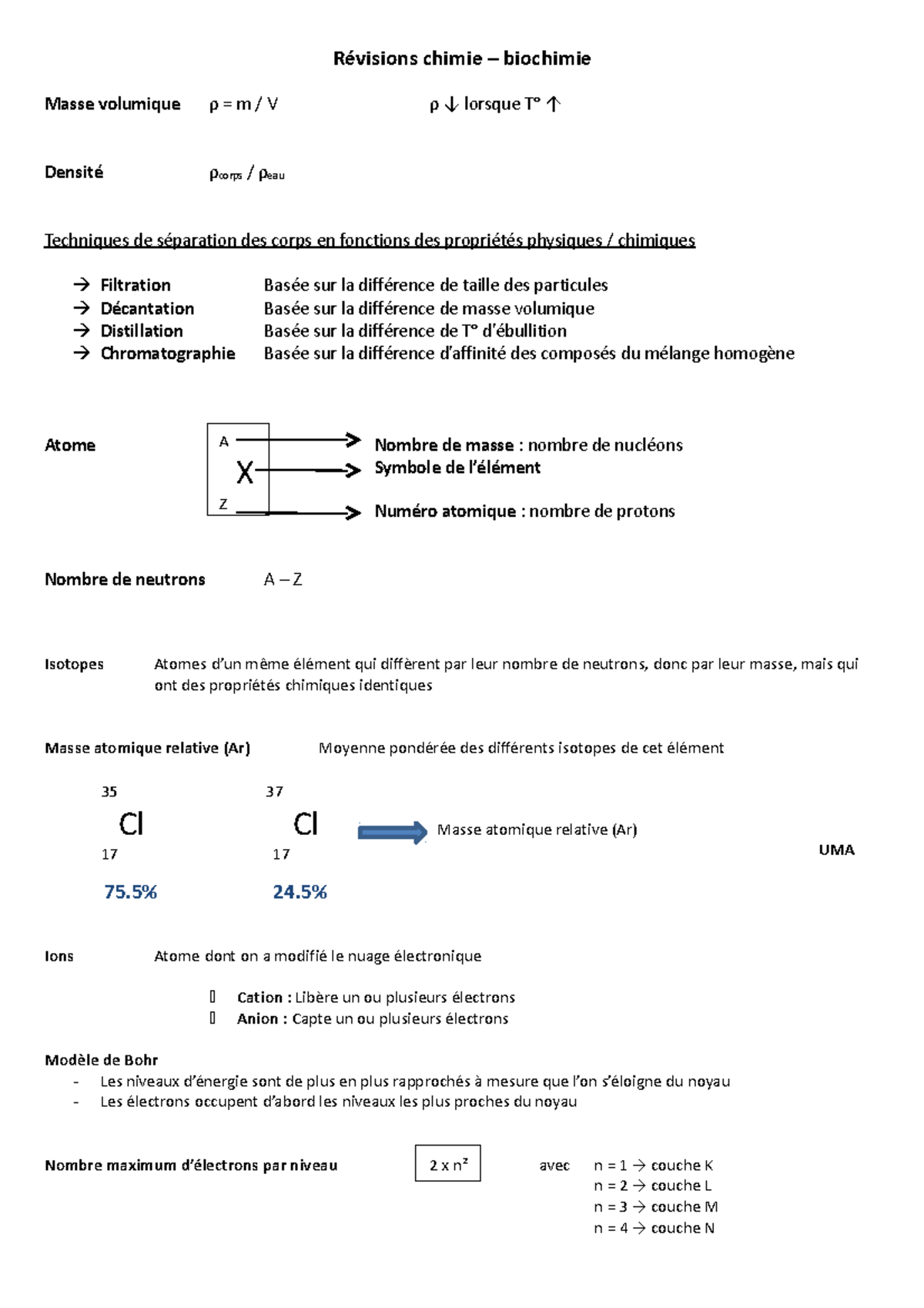 Révisions chimie bioch - Révisions chimie – biochimie Masse volumique ρ ...