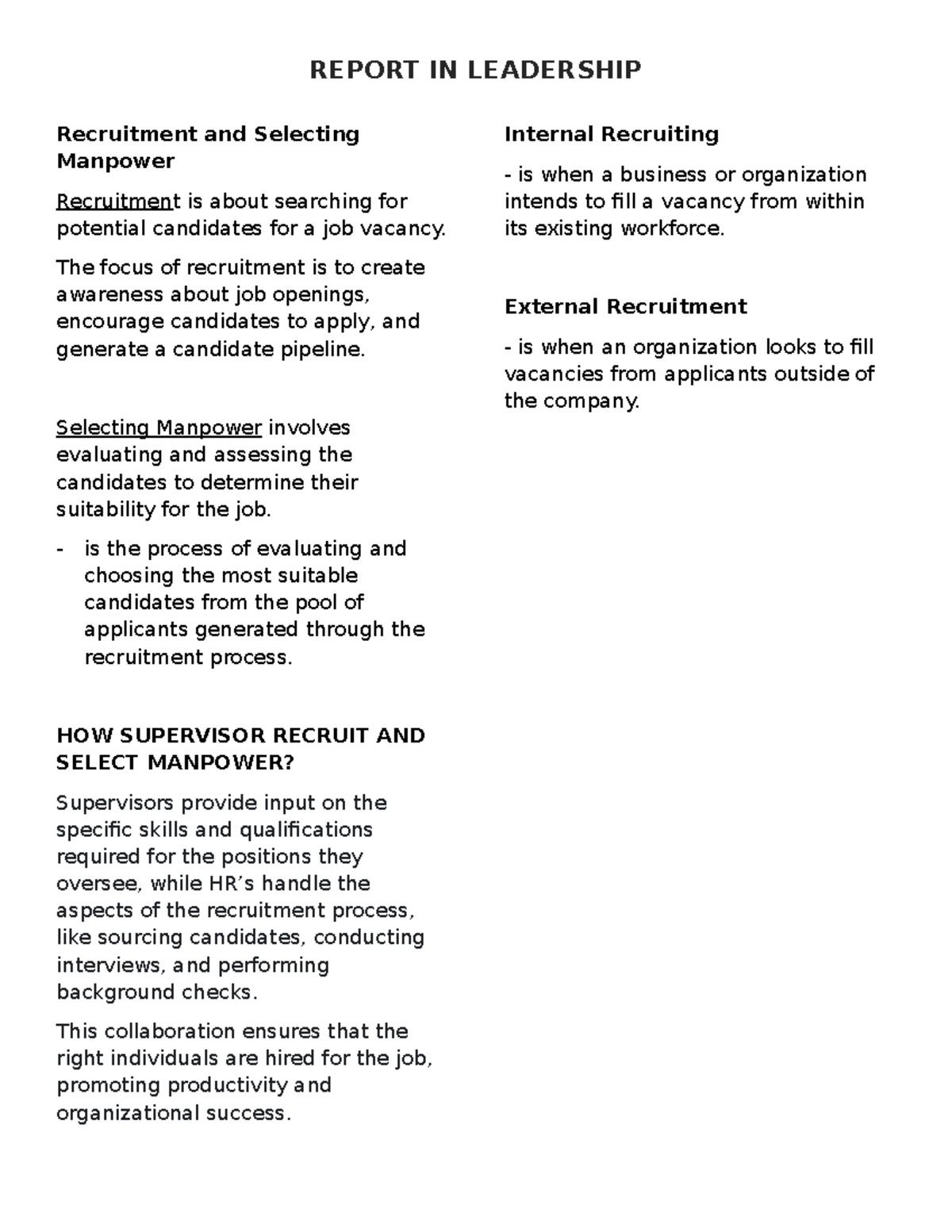 Recruitment and Selecting Manpower - REPORT IN LEADERSHIP Recruitment ...