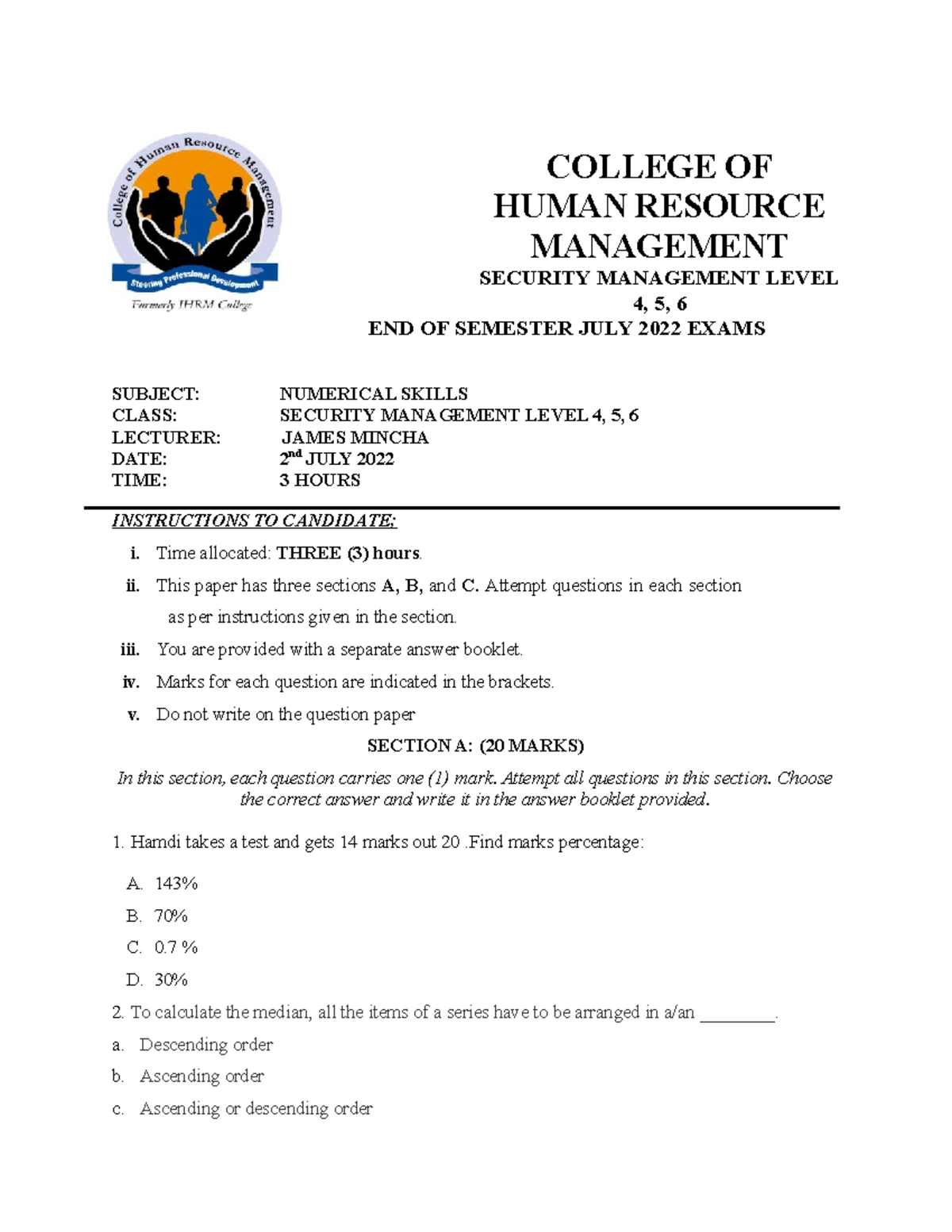 Numerical Skills-Moderated - COLLEGE OF HUMAN RESOURCE MANAGEMENT ...