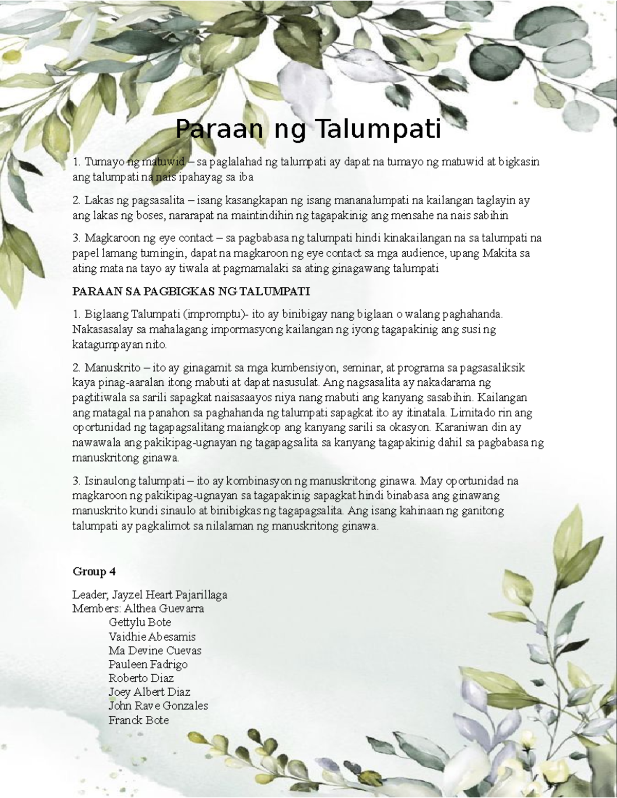 Filipino ( Paraan NG Talumpati) - Paraan ng Talumpati Tumayo ng matuwid ...